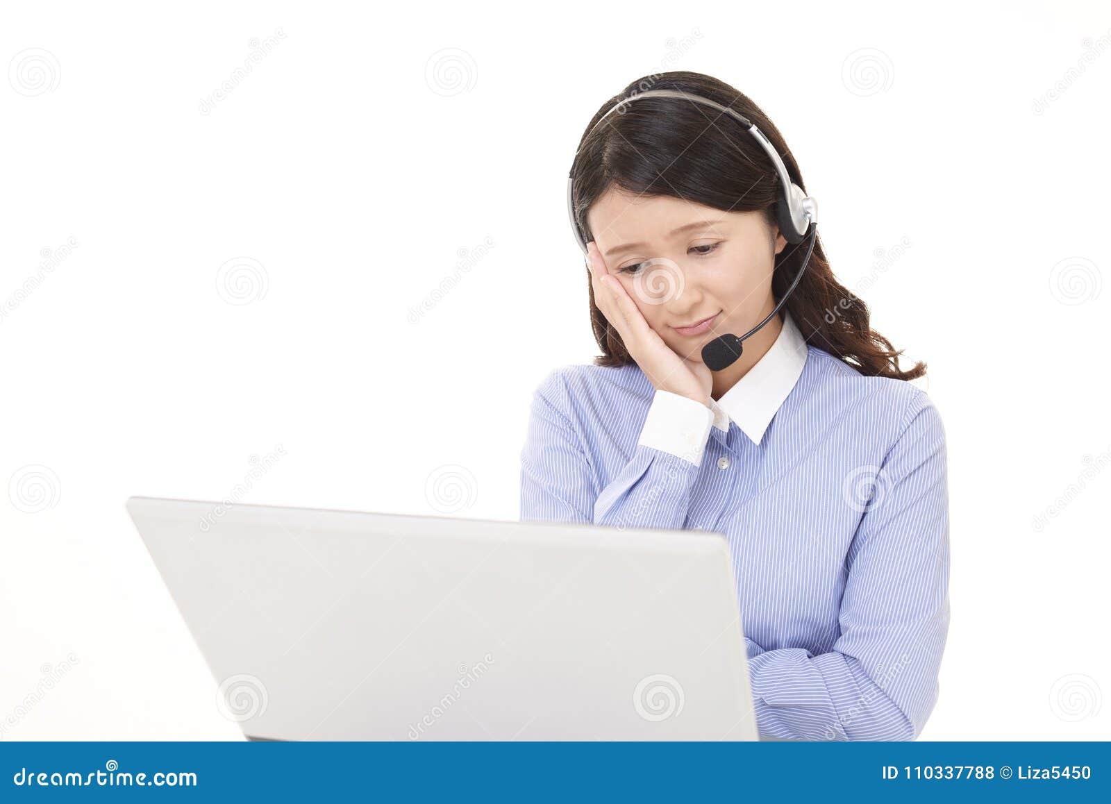 Tired call center operator stock photo. Image of concern - 110337788