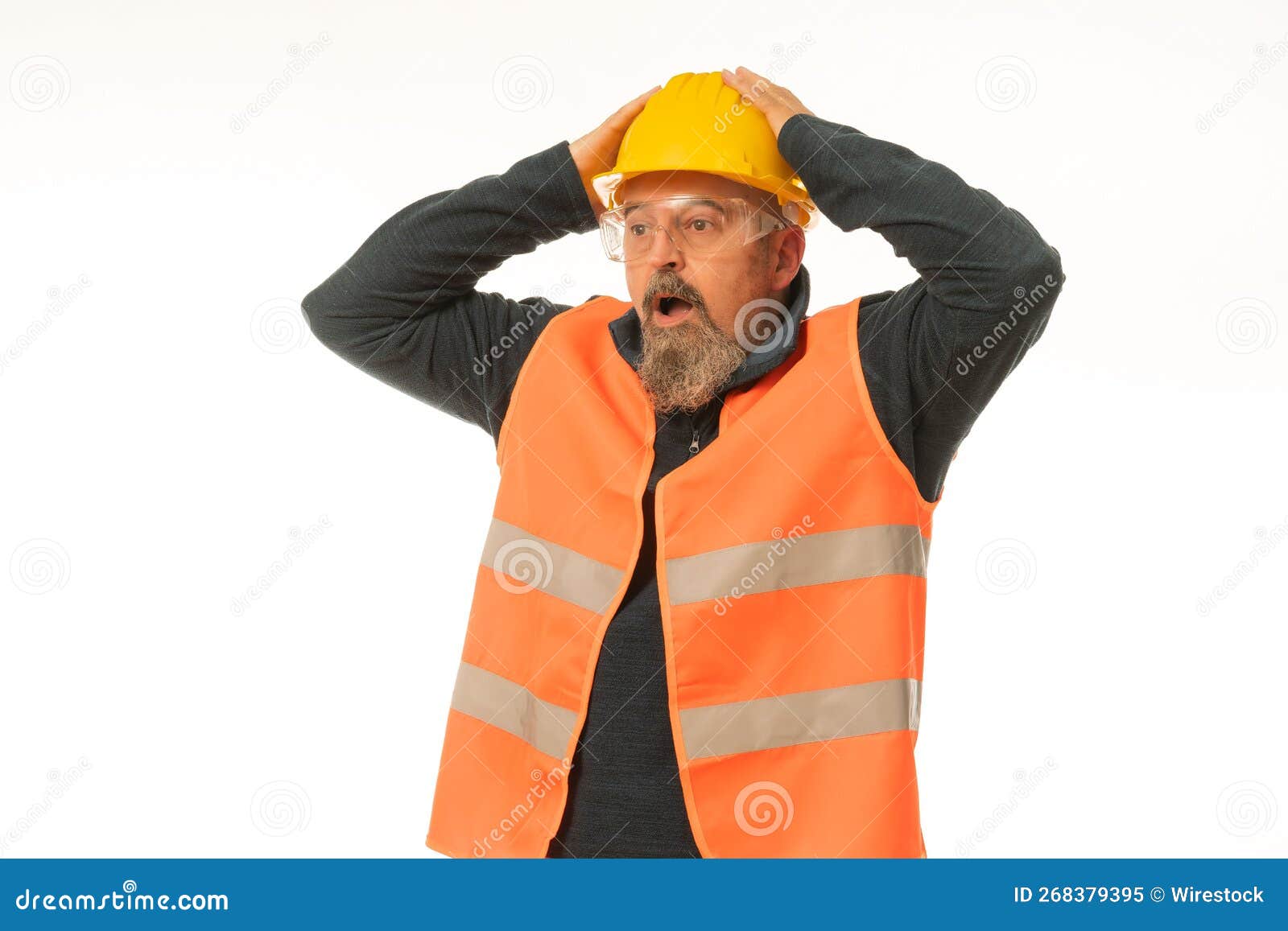 Stressed Caucasian Construction Manager with Hands on Head on White ...