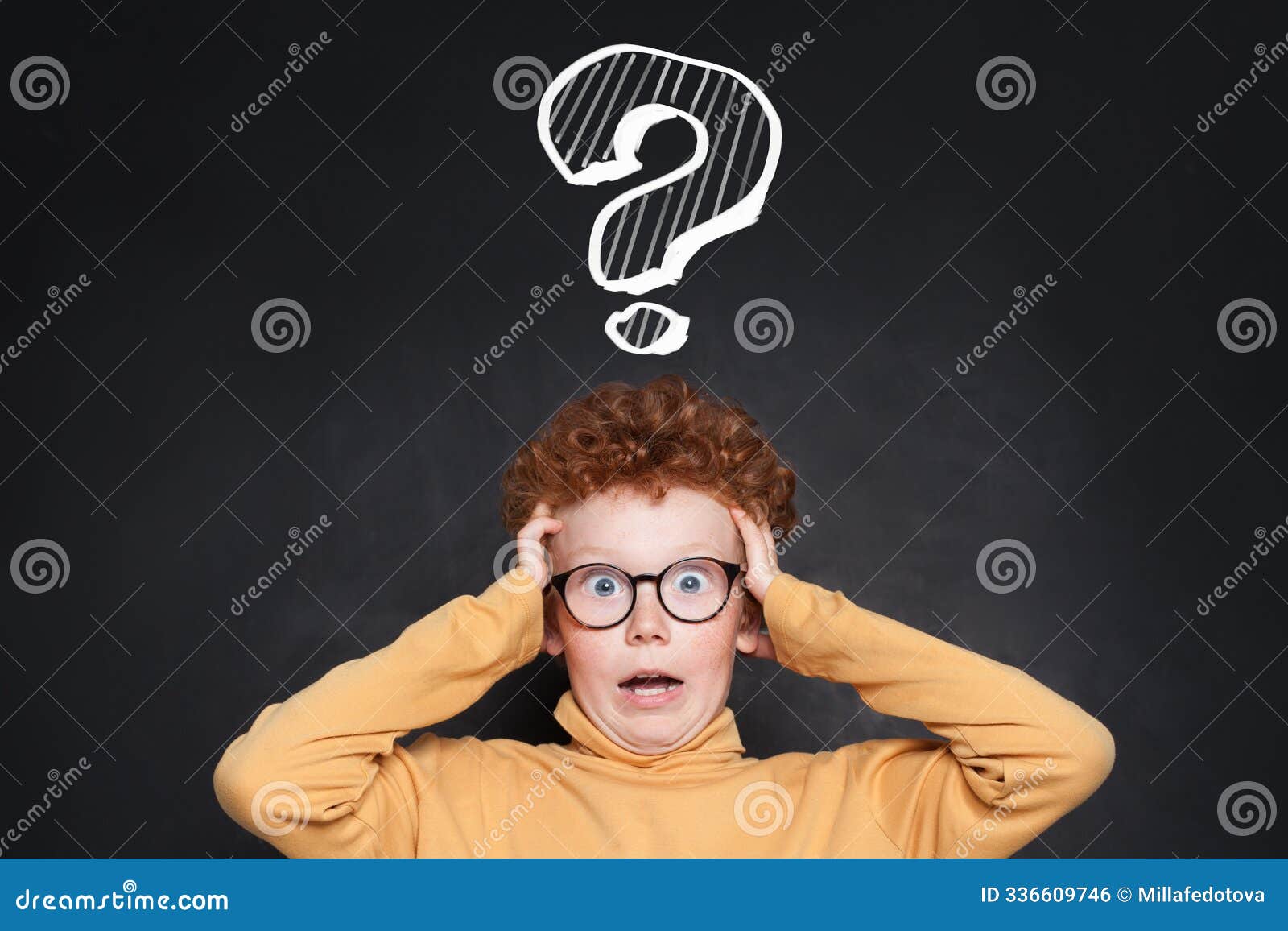 Stressed Child Boy School Student with Question Mark on Blackboard ...