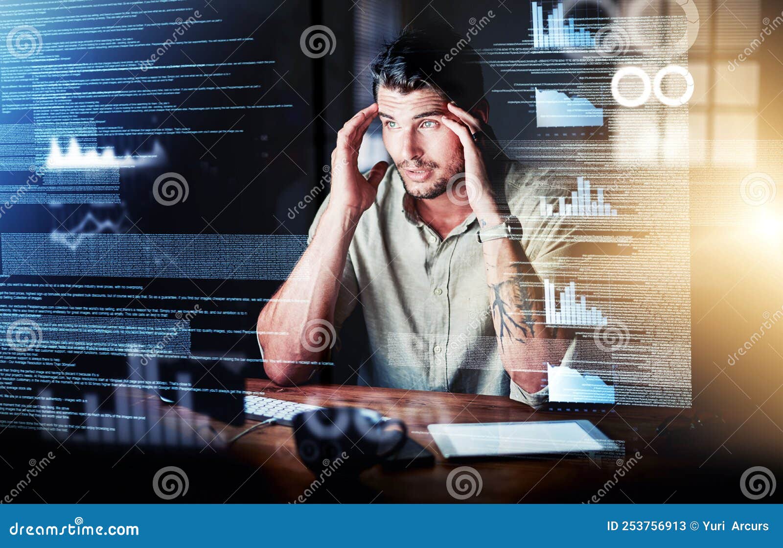 Stressed Computer Engineer Reading Code, Cgi Data and Making Mistake ...