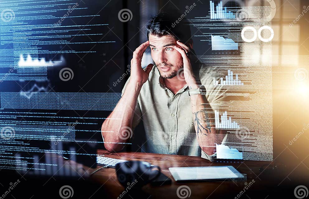 Stressed Computer Engineer Reading Code, Cgi Data and Making Mistake while Analyzing Special ...