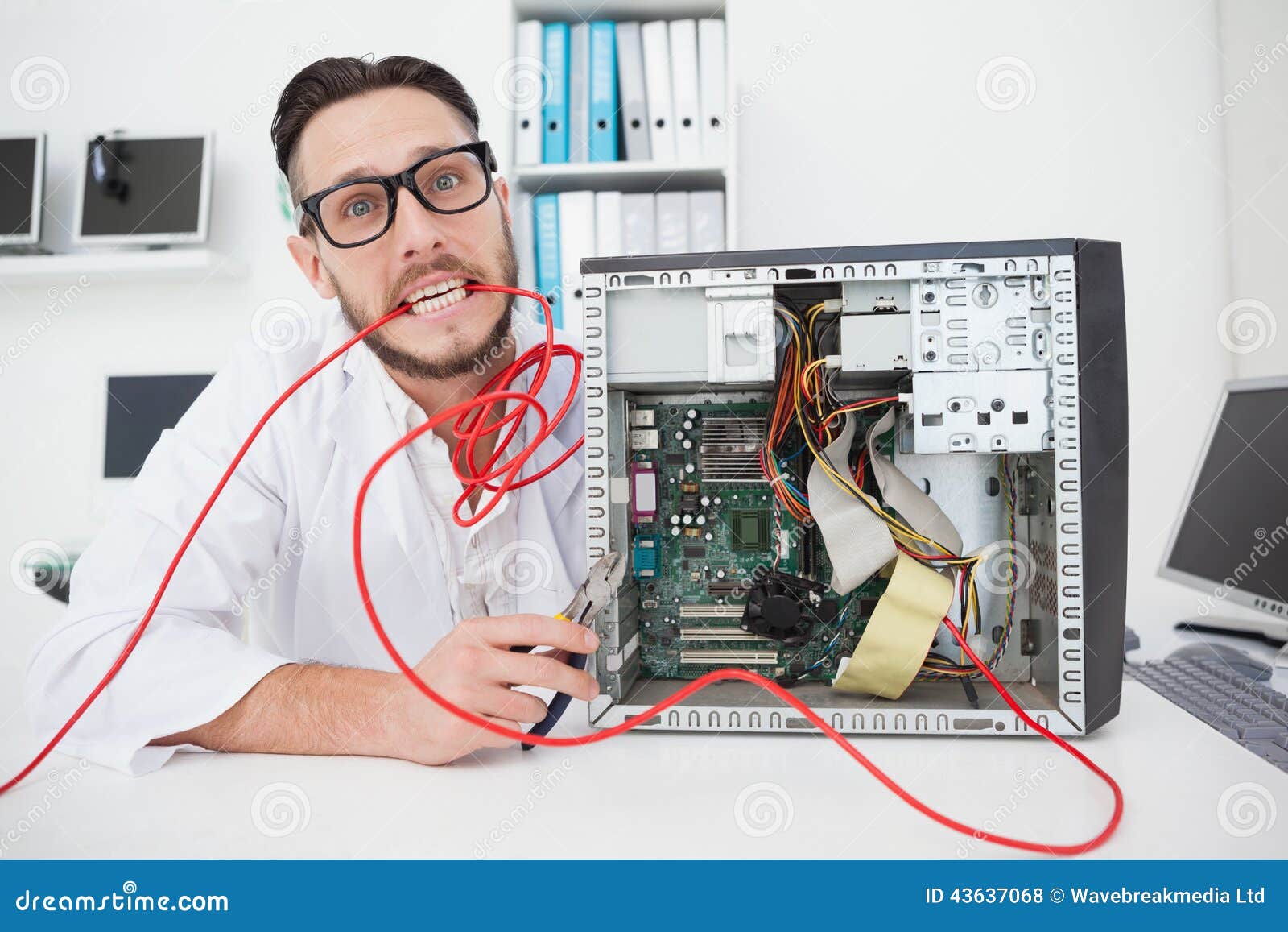 Stressed Computer Engineer Working on Broken Cables Stock Photo - Image ...