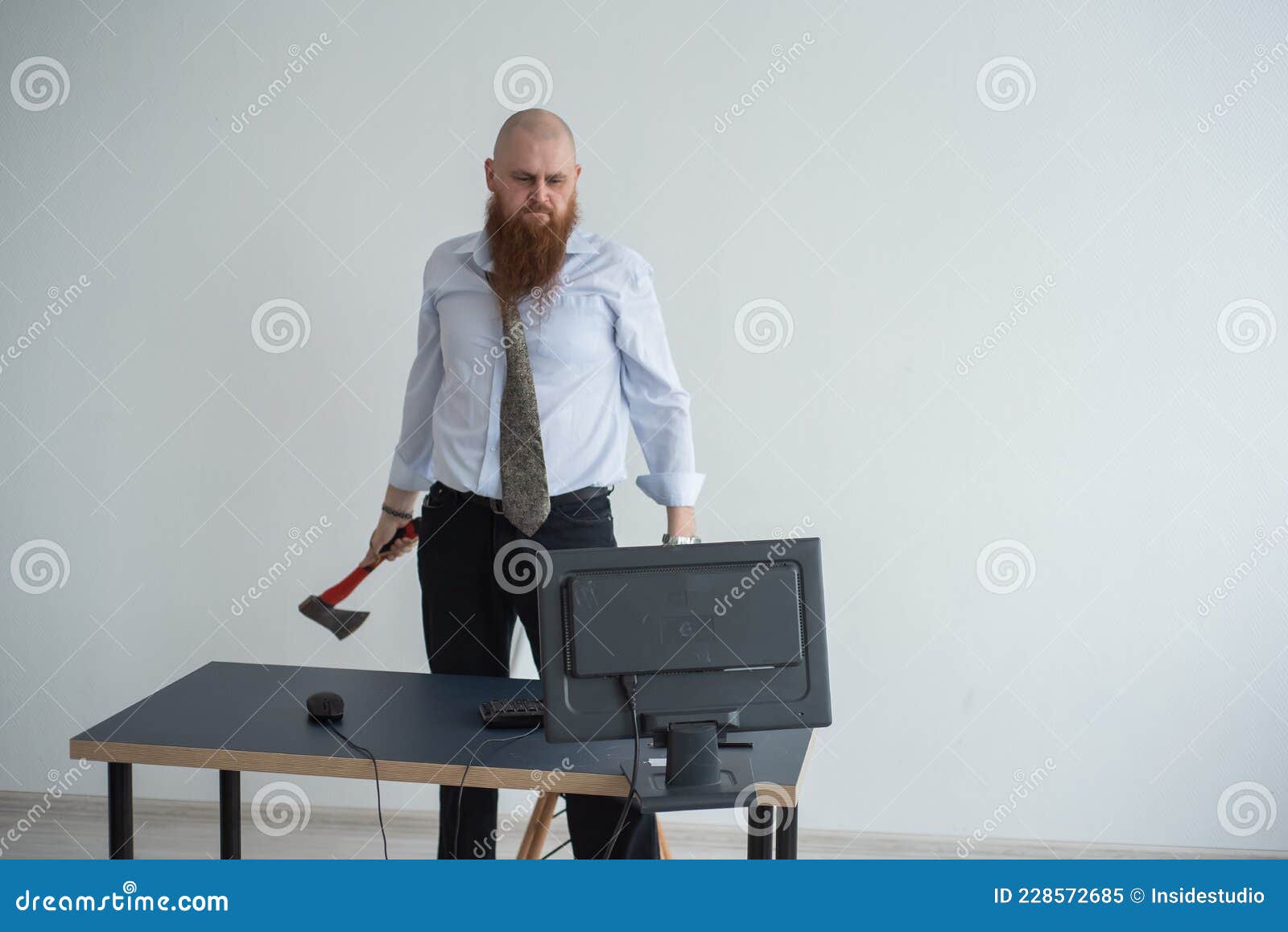 Stressed Crazy Businessman Smashing His Computer in Office Using Ax ...