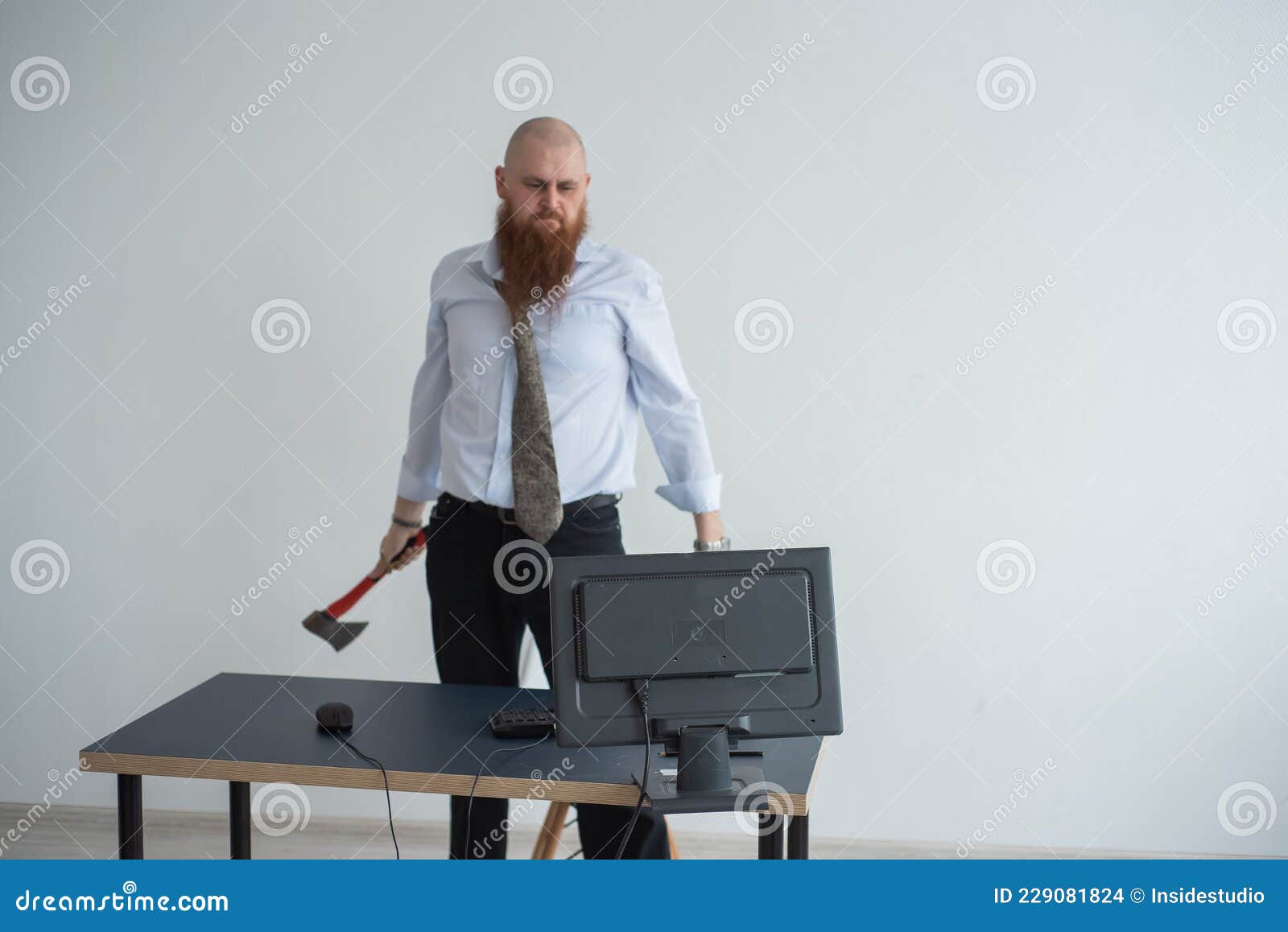 Stressed Crazy Businessman Smashing His Computer in Office Using Ax ...