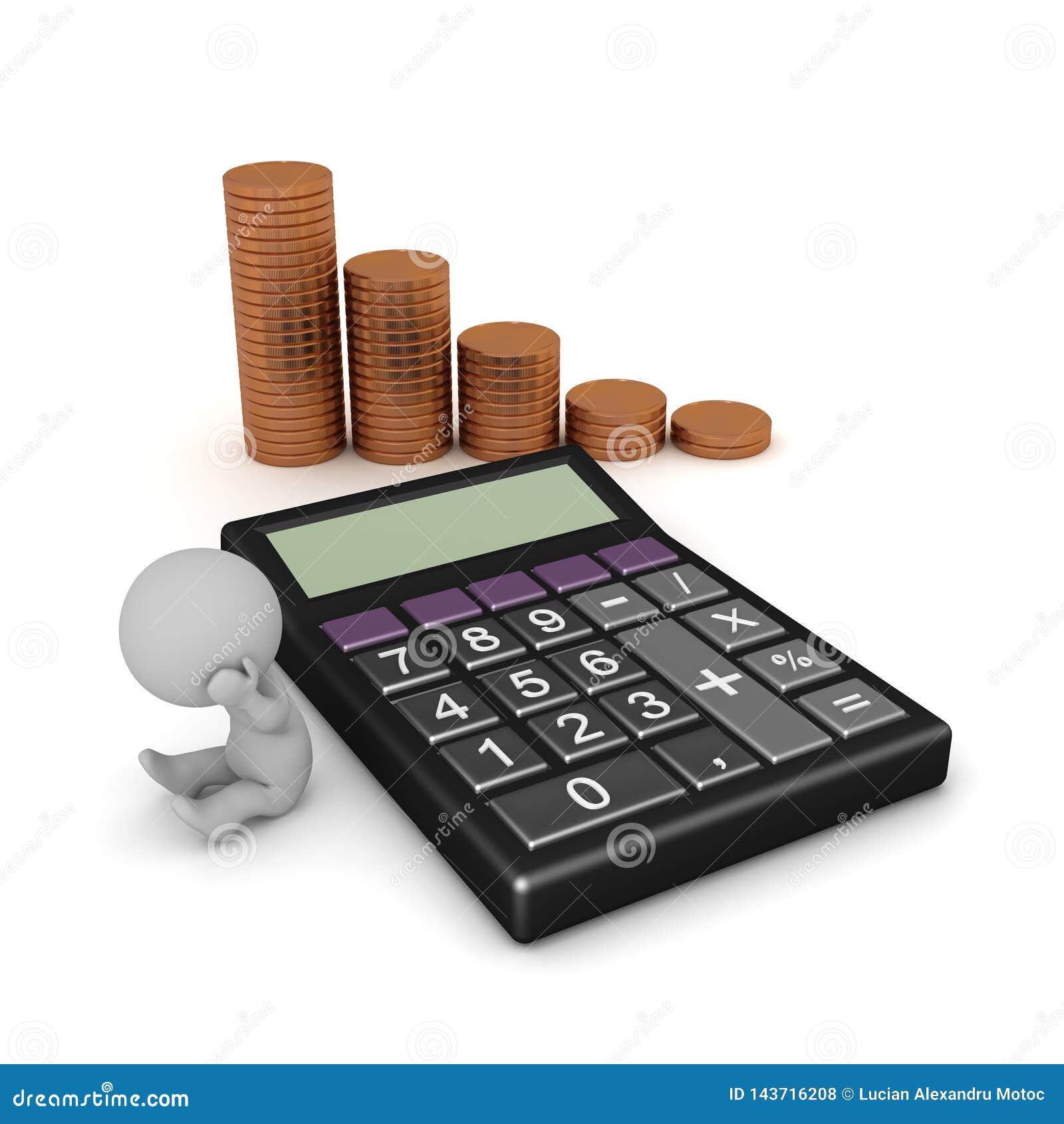 Stressed 3D Character with Calculator and Coins Stock Illustration ...