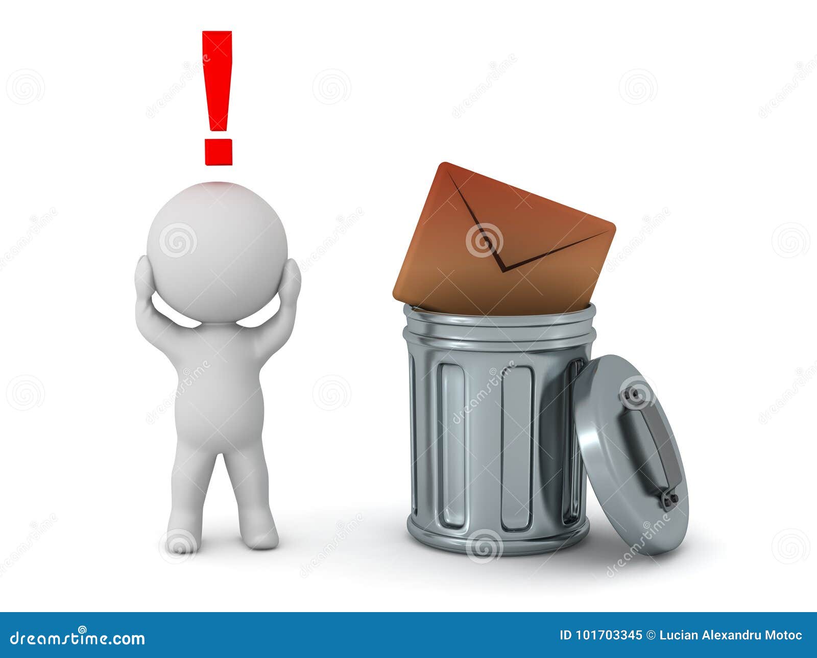 Stressed 3D Character with Spam Letter in Trash Can Stock Illustration ...
