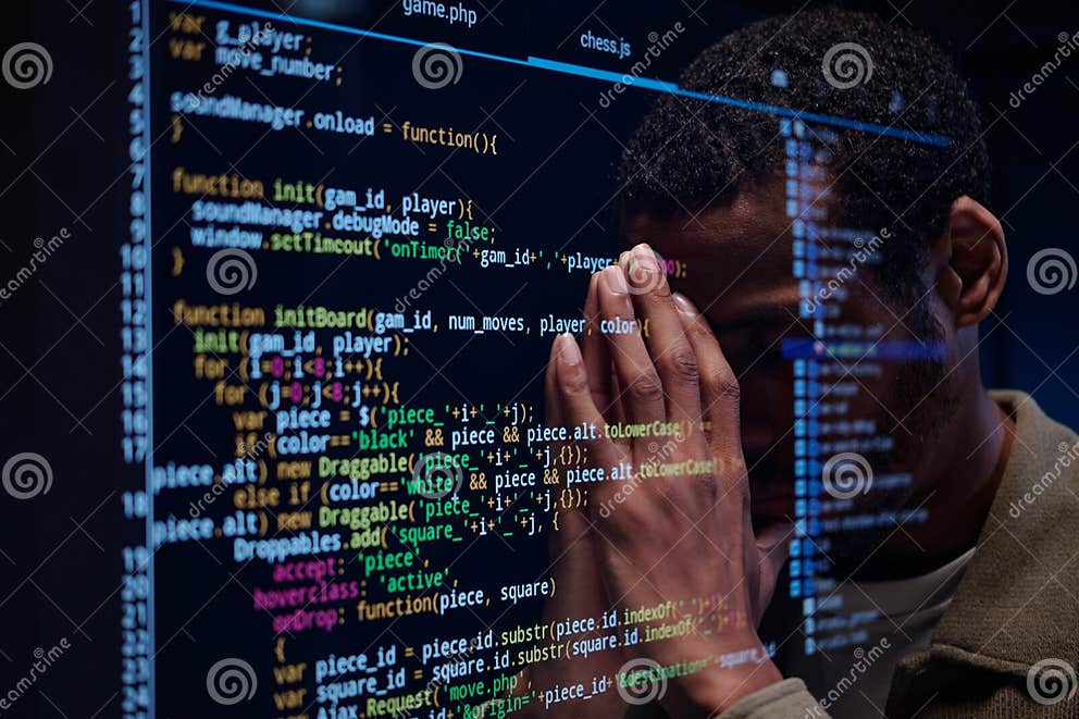 Stressed Developer Reviewing Complex Code on Screen Stock Photo - Image ...