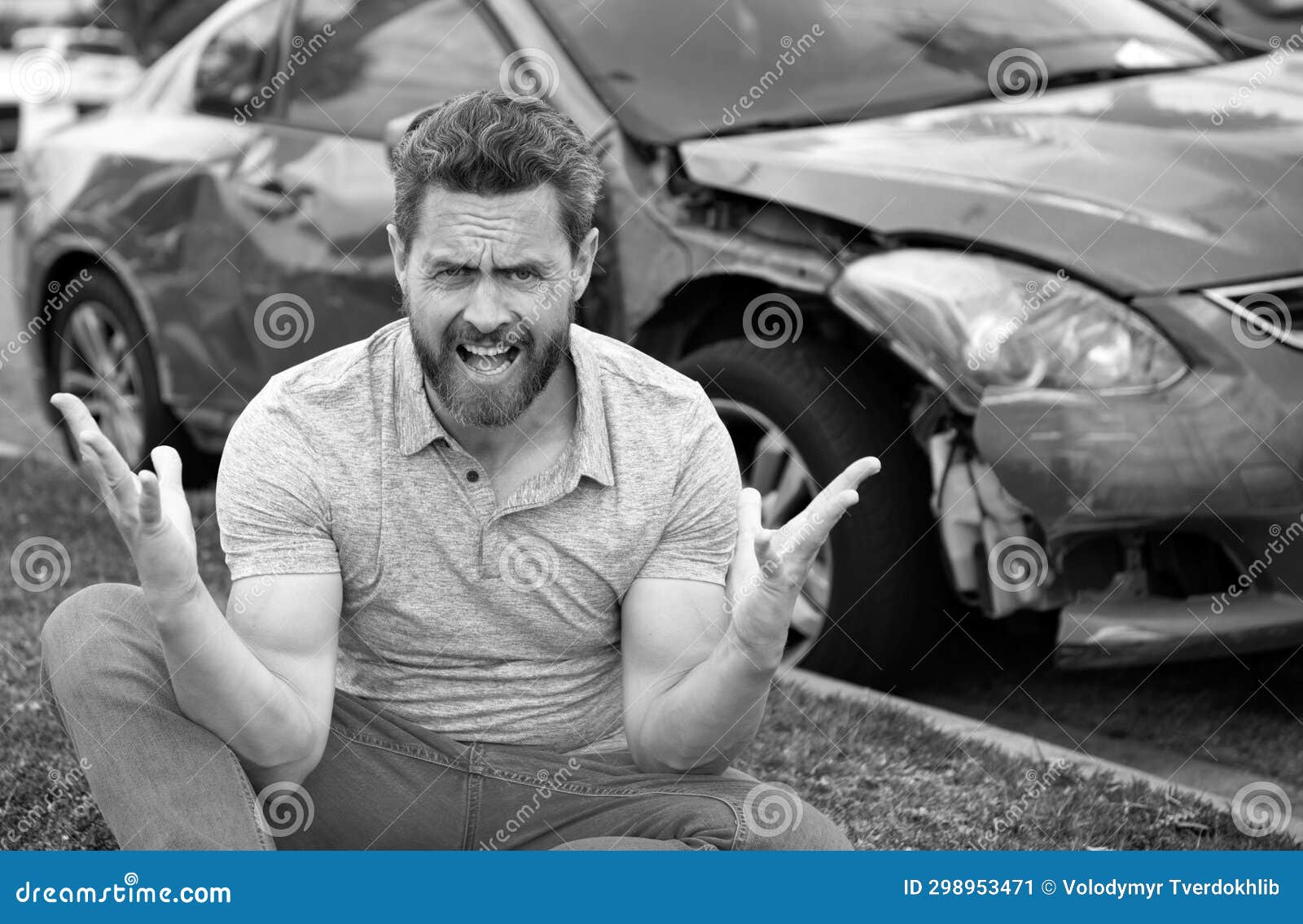 Stressed Driver Sitting on the Road Next To Broken Car. Stock Image ...