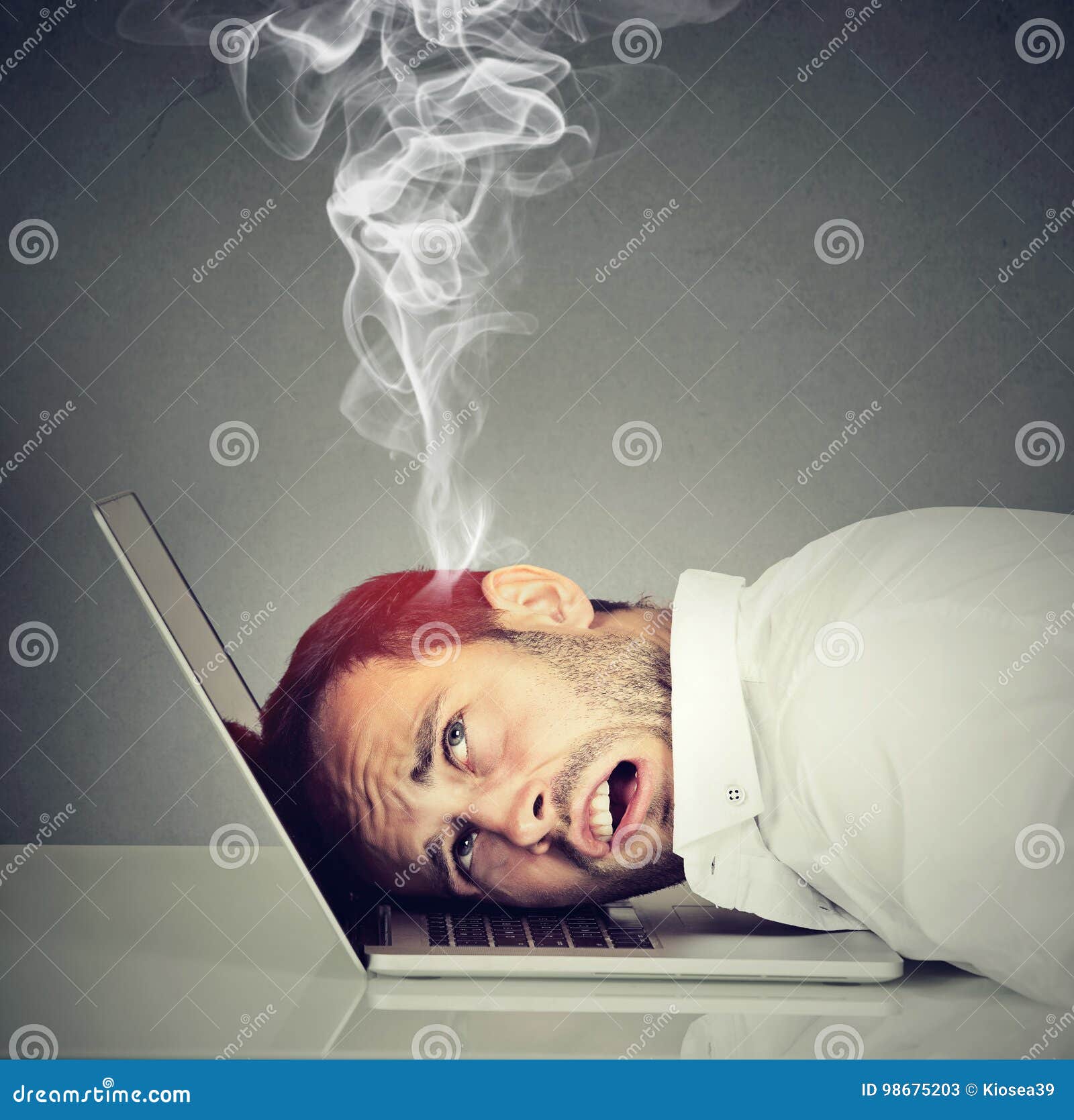 Stressed Employee Man with Overheated Brain Using Laptop Stock Image ...