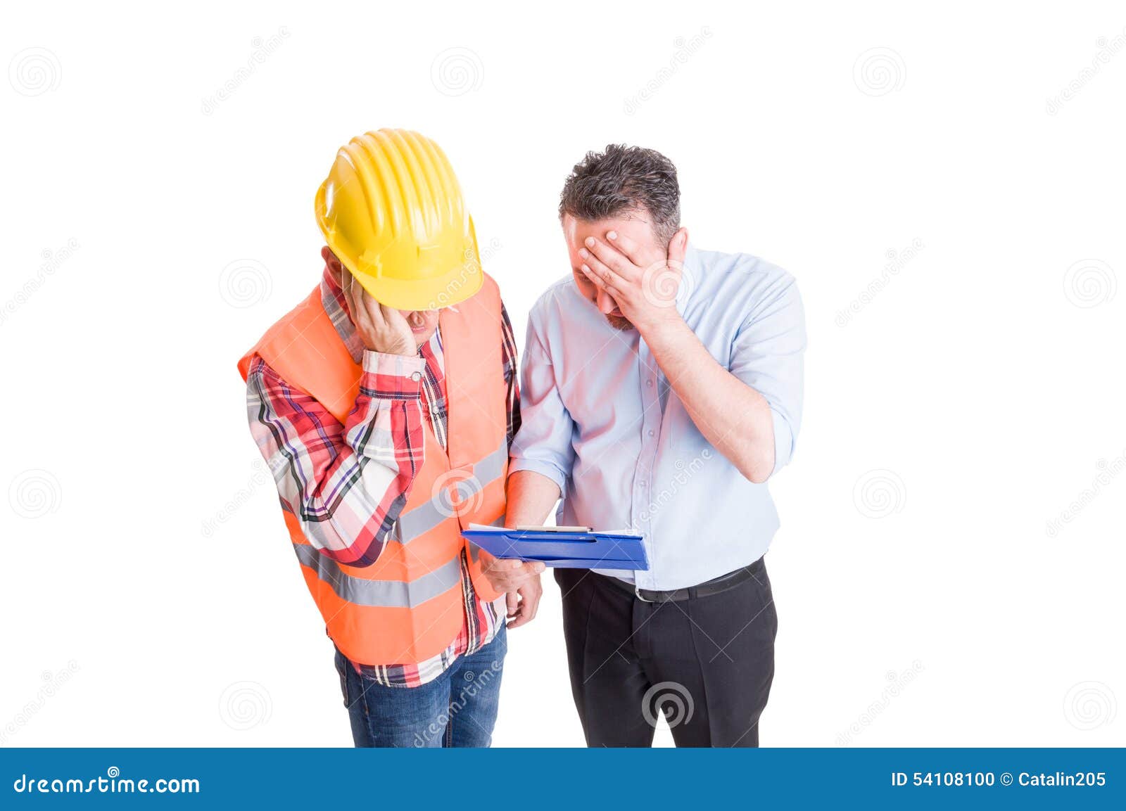 Stressed Engineer and Upset Builder Checking Clipboard Stock Photo ...