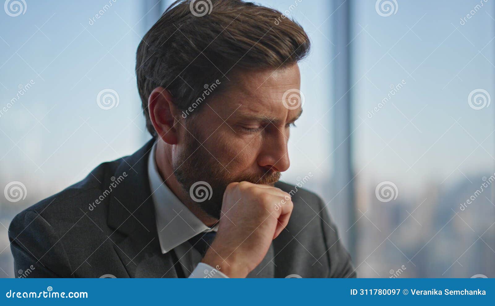 Stressed Executive Looking Problem Solution at Panoramic Workplace ...