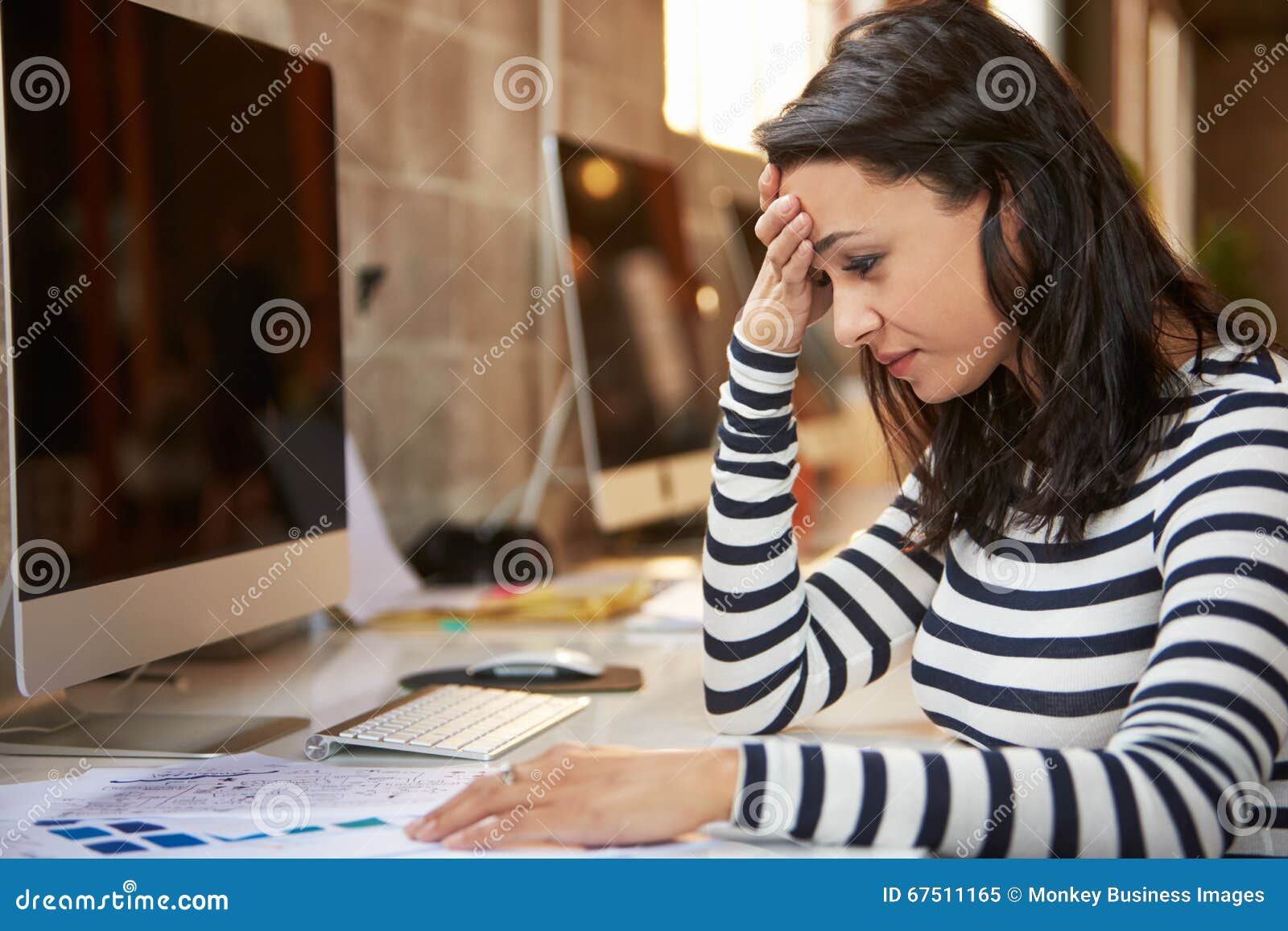 Stressed Female Designer Works at Computer in Modern Office Stock Image ...