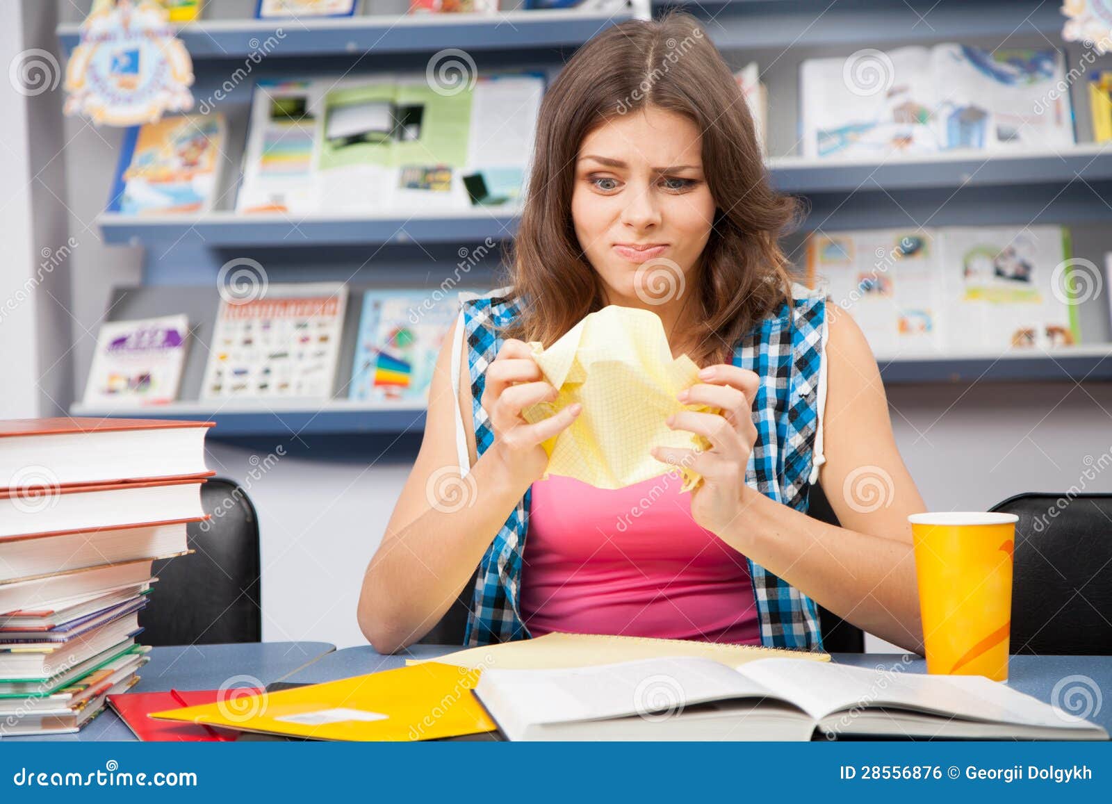 Stressed Female Student in a Library Stock Photo - Image of caucasian ...