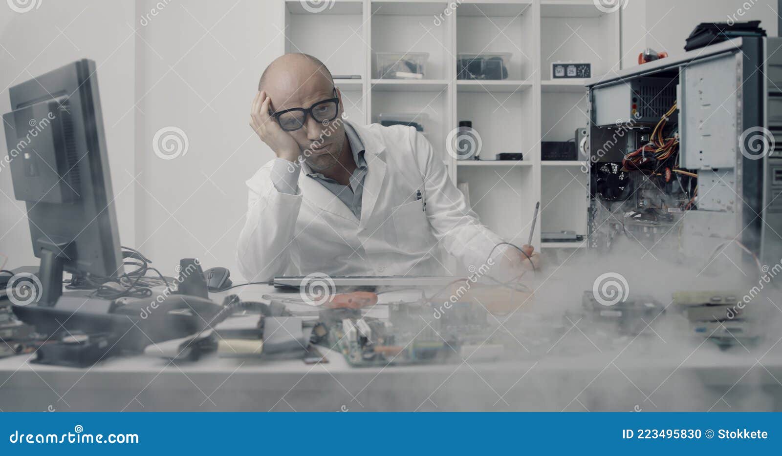 Stressed Frustrated Technician and Broken Computer Stock Photo - Image ...