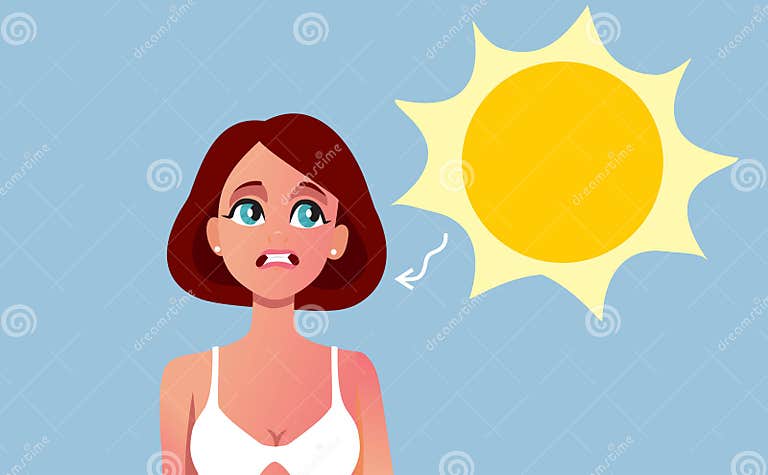 Woman Getting Sunburns From Heated Sun Vector Cartoon Illustration