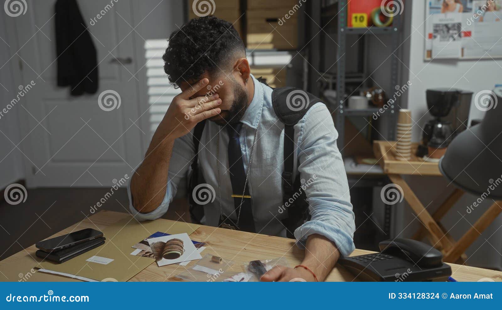 Stressed Hispanic Man Sitting in a Detective S Office with Disarrayed ...