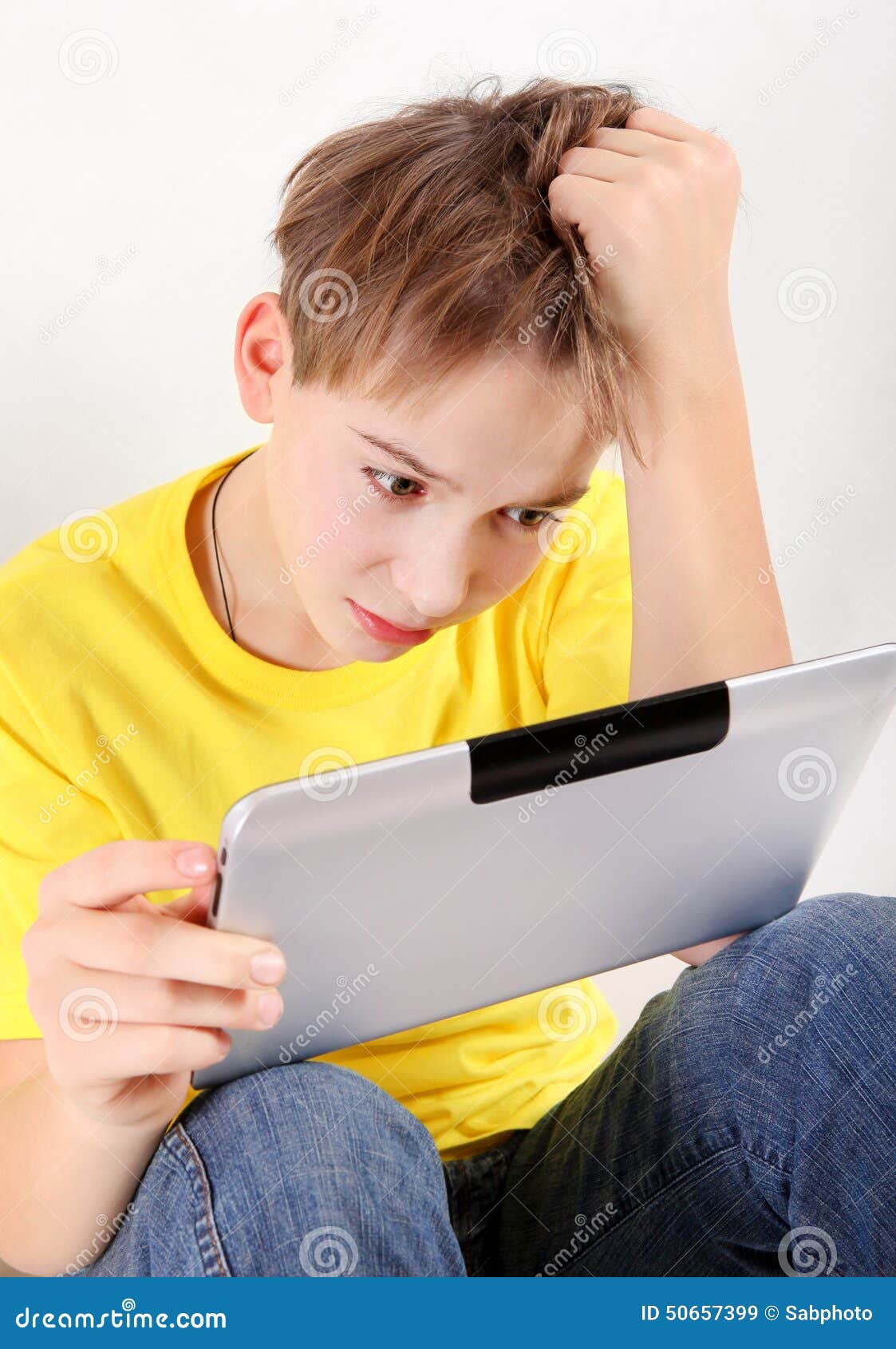Stressed Kid with Tablet Computer Stock Image - Image of depression ...