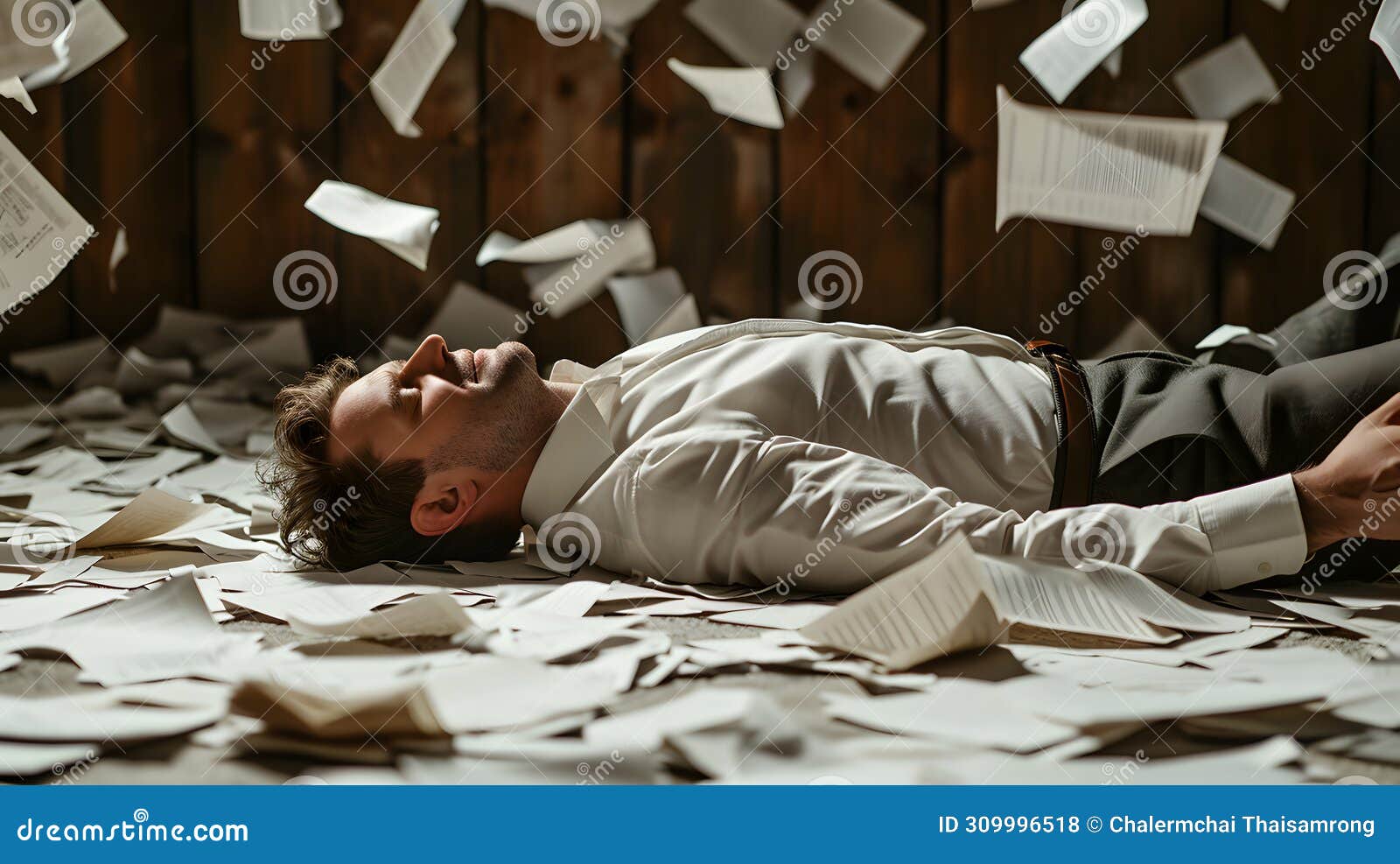 Stressed Male Accountant Lying on Pile of Documents by Generative AI ... Stressed Male Accountant Lying on Pile of Documents by Generative AI ...