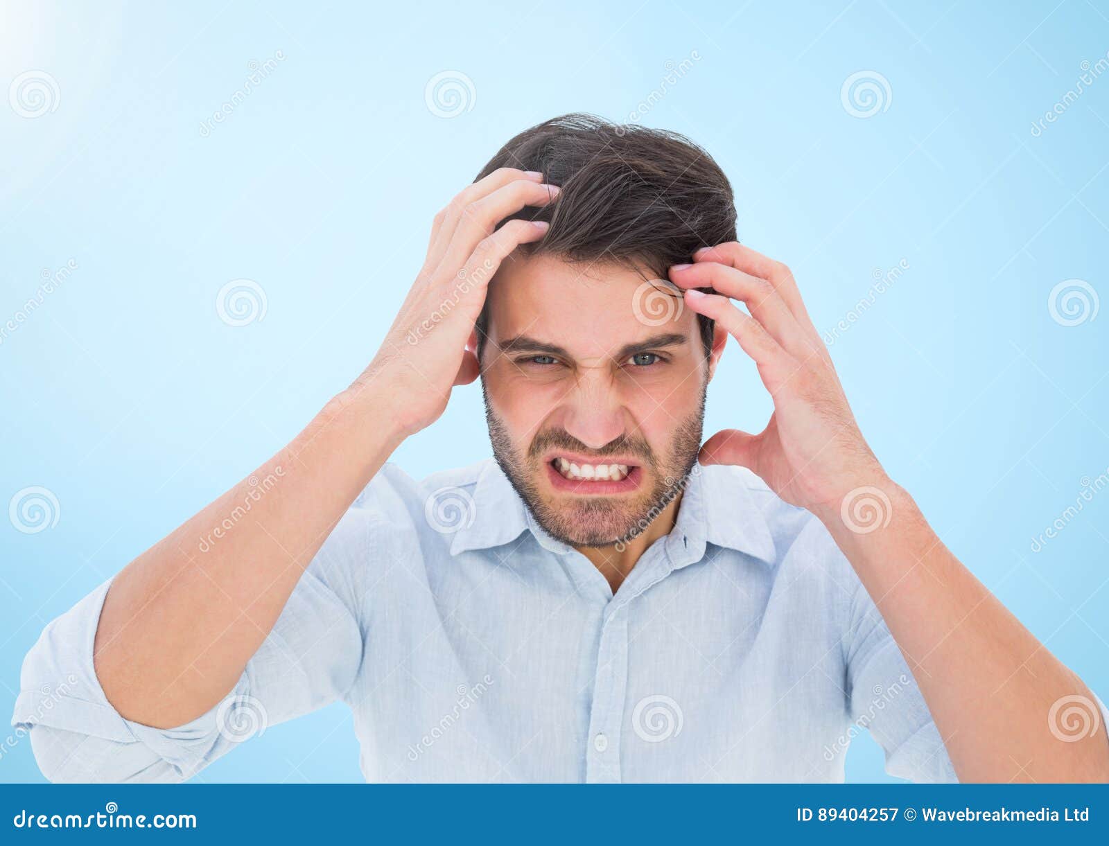 Stressed Man Against Blue Background Stock Image - Image of hair, fury ...