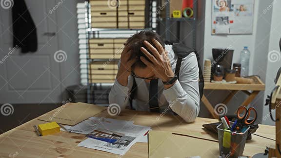 Stressed Man with Beard at Detective S Office, Surrounded by Documents ...