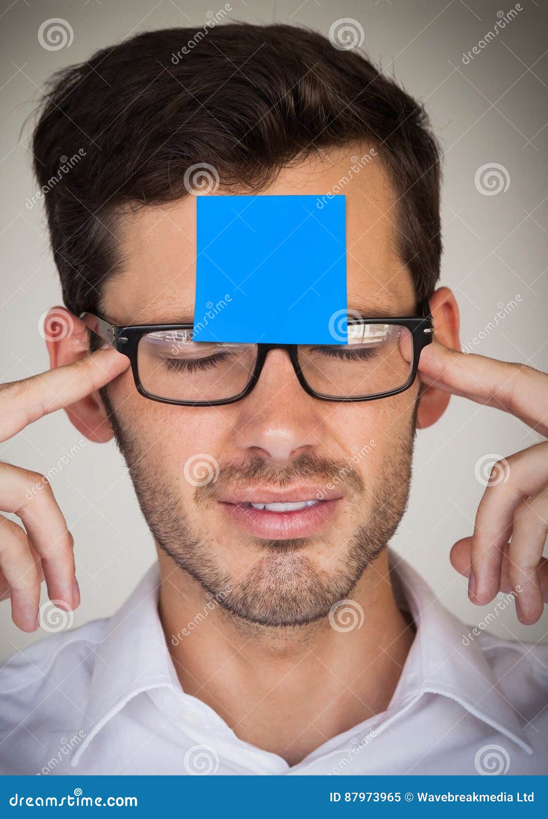 Stressed Man with Blank Blue Sticky Note on His Forehead Stock Image ...