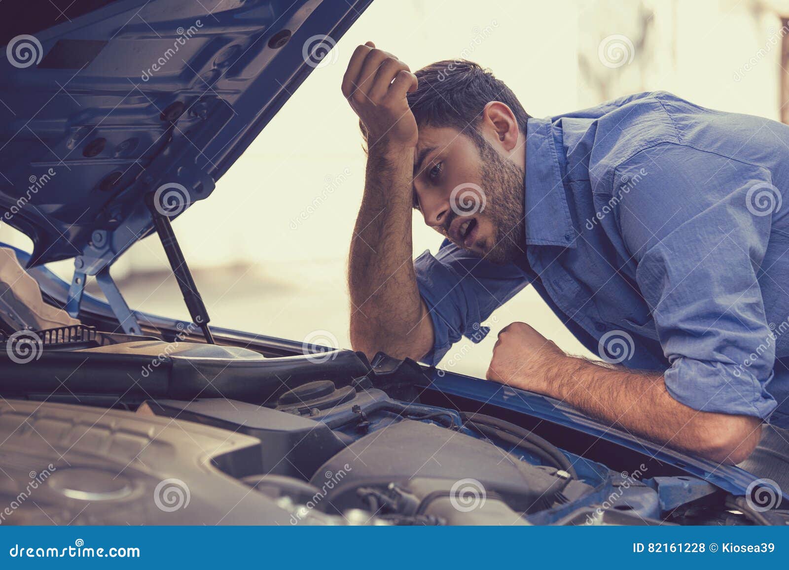 Stressed Man with Broken Car Looking at Failed Engine Stock Photo ...
