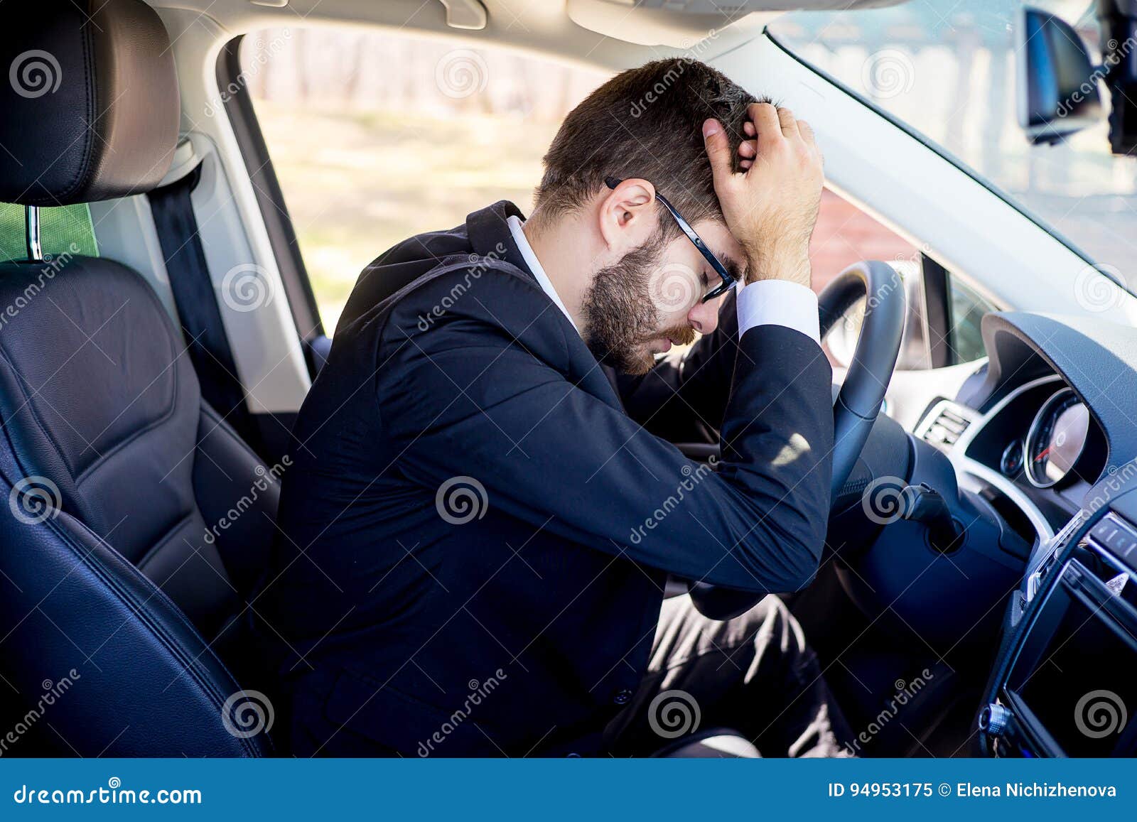Stressed man in a car stock image. Image of sleep, casual - 94953175