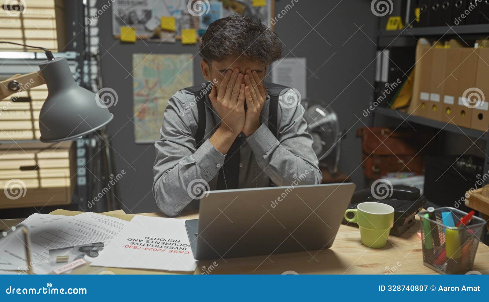 Stressed Man Covers Face in Office with Laptop, Papers, and Evidence ...
