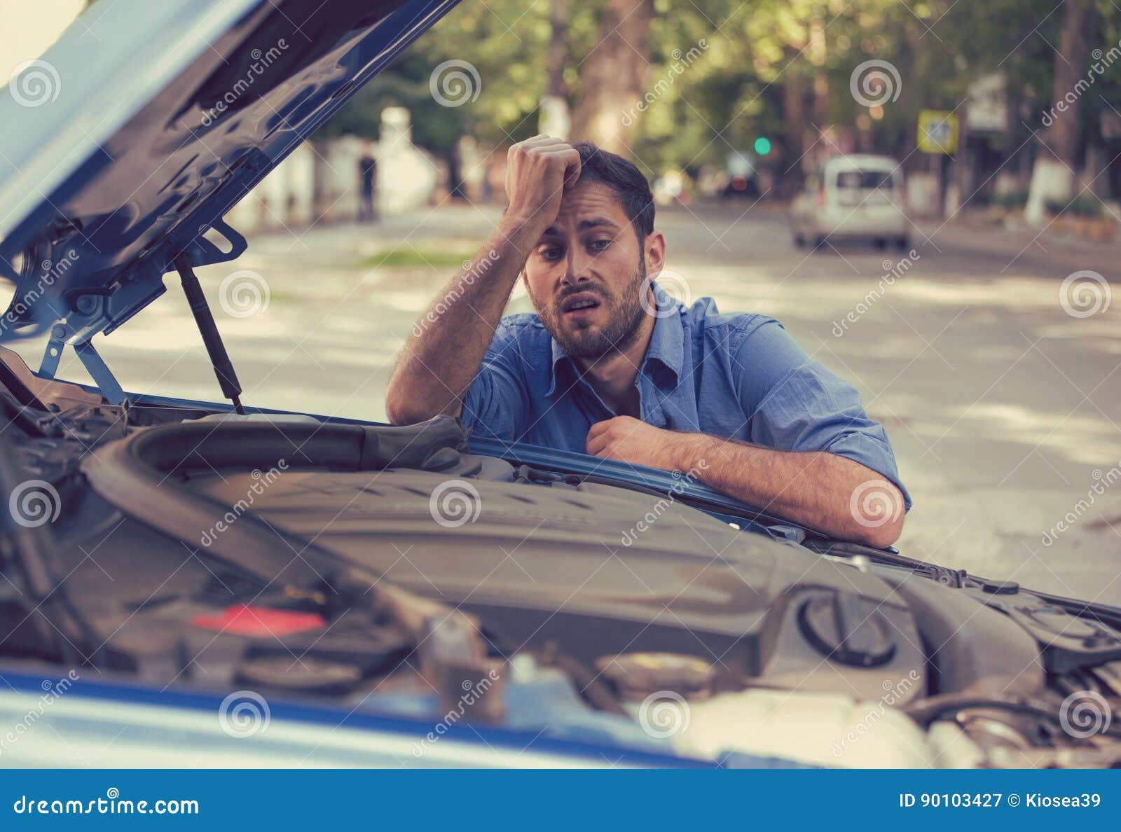 Stressed Man Having Trouble with Broken Car Looking in Frustration at ...