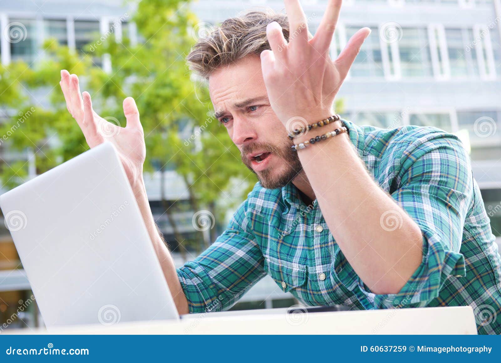 Stressed Man Looking at Laptop with Hands Raised Stock Image - Image of ...