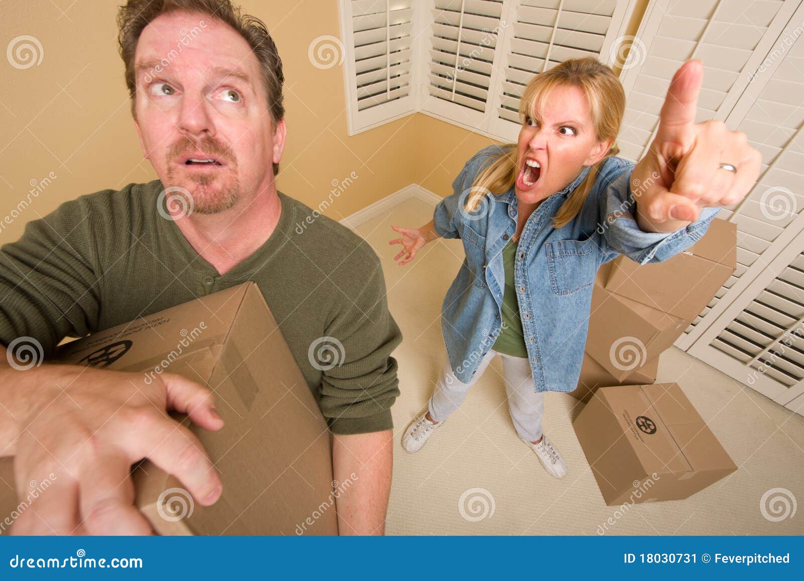 Stressed Man Moving Boxes for Demanding Wife Stock Image - Image of ...