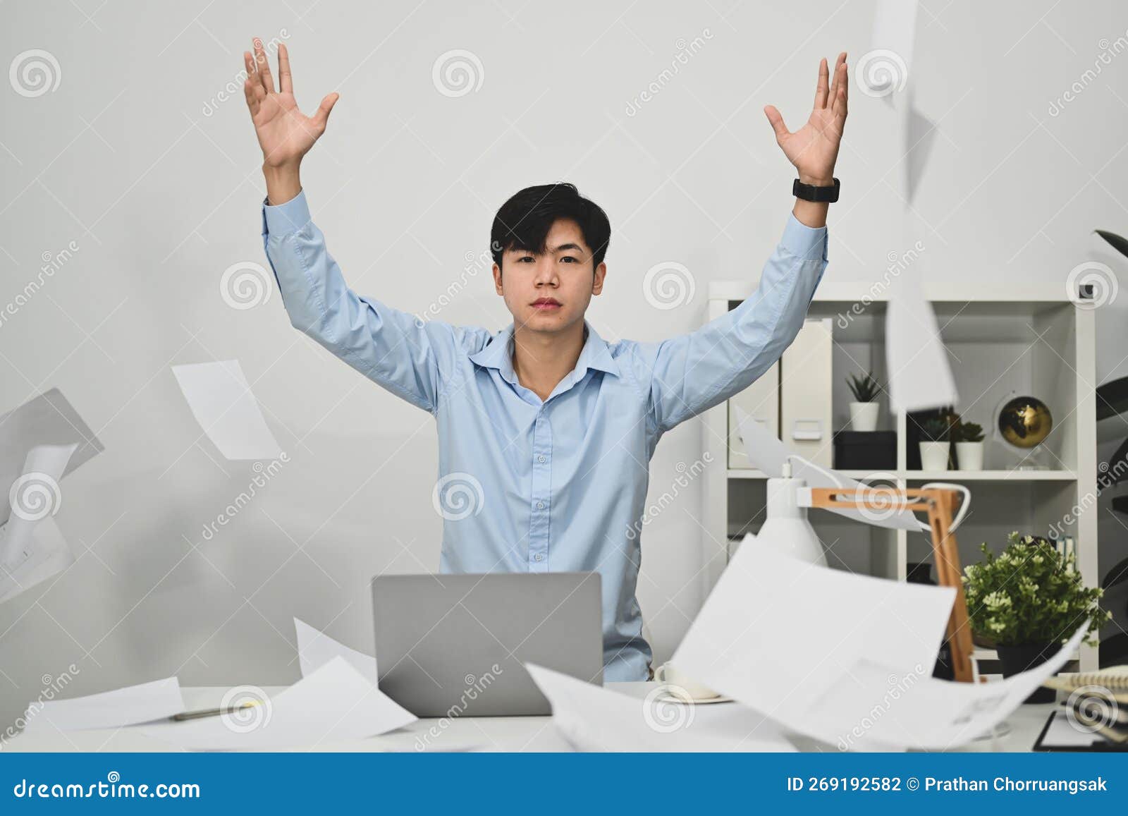 Stressed Man Office Worker Sitting at Desk and Throwing Paperwork in ...