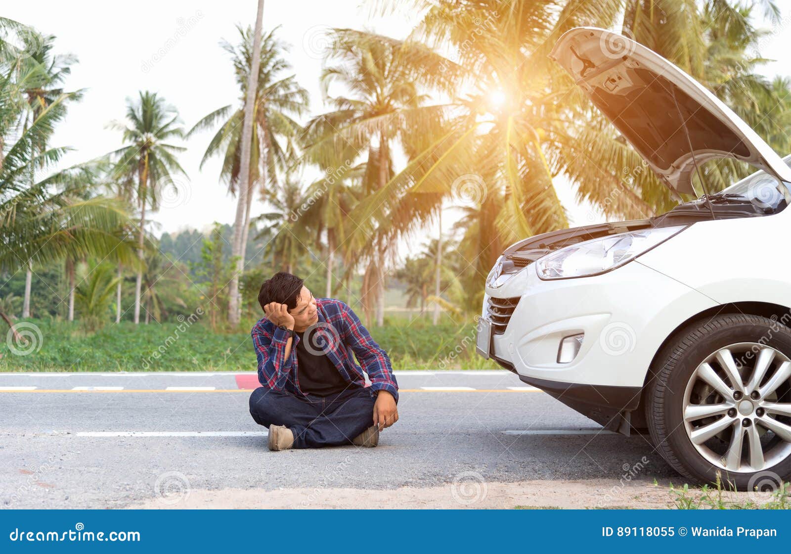 Stressed Man Sitting after a Car Breakdown Stock Image - Image of ...