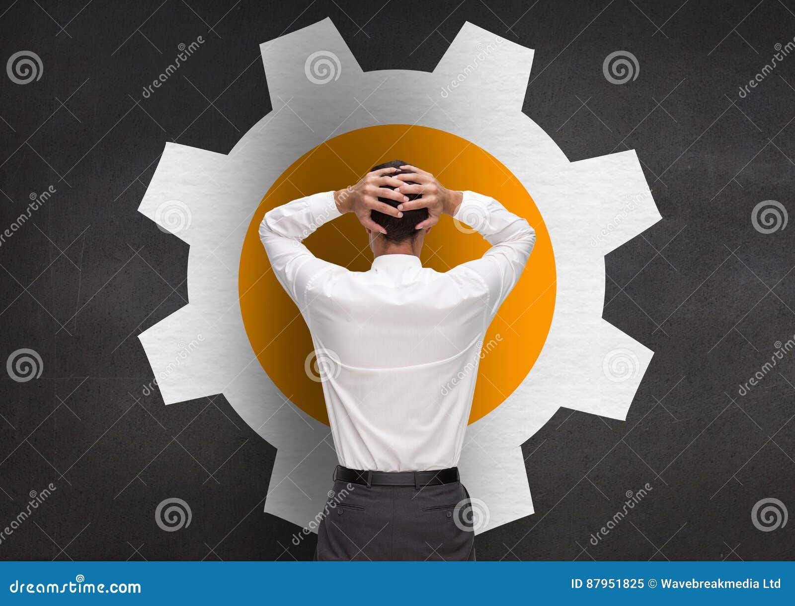 Stressed Man Standing Against Setting Sign on Grey Background Stock ...