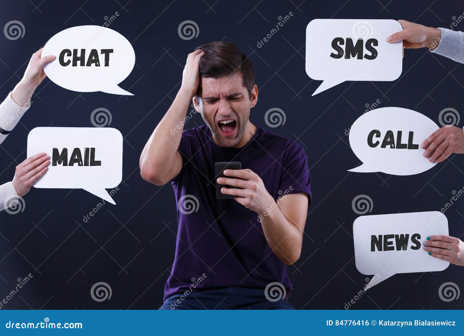 Stressed Man Using Cell Phone Stock Photo - Image of bubble, infoglut ...