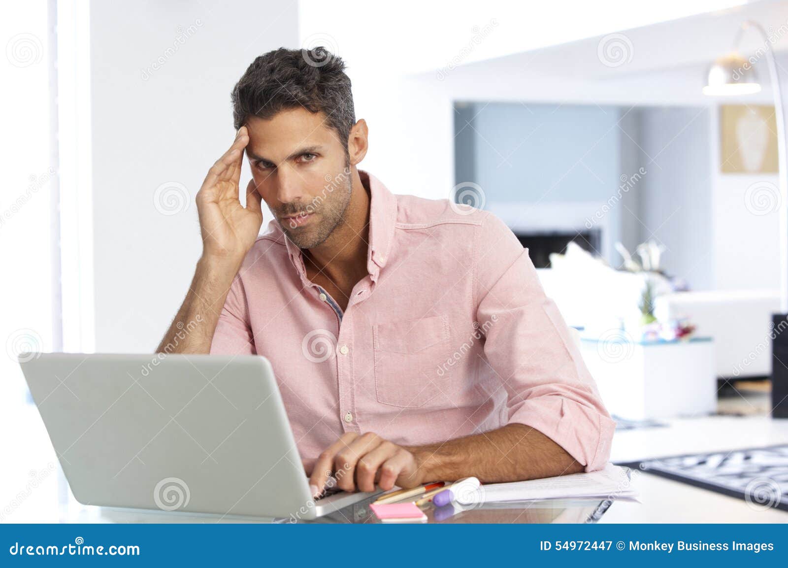Stressed Man Working at Laptop in Home Office Stock Image - Image of ...