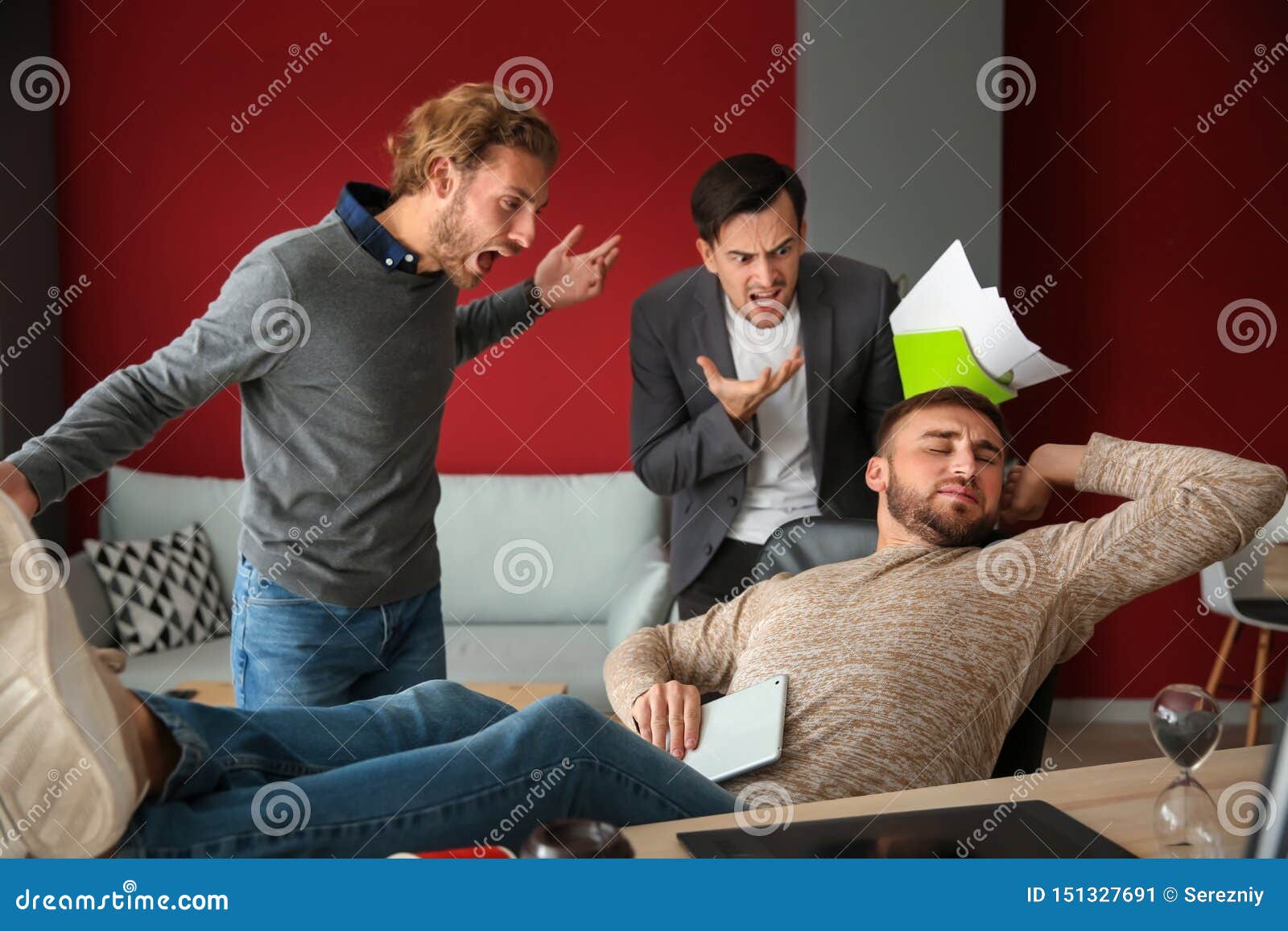 Stressed Men Shouting at Lazy Colleague Sleeping at Workplace Stock ...