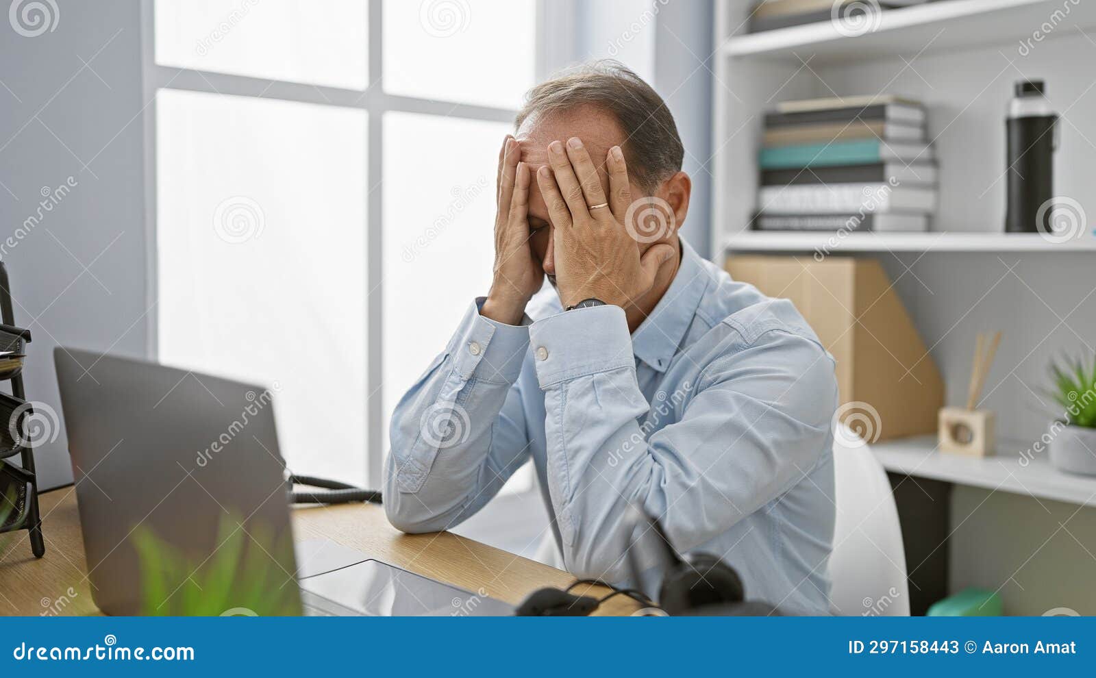 Stressed Middle Age Man, Working Tirelessly at His Office Desk ...