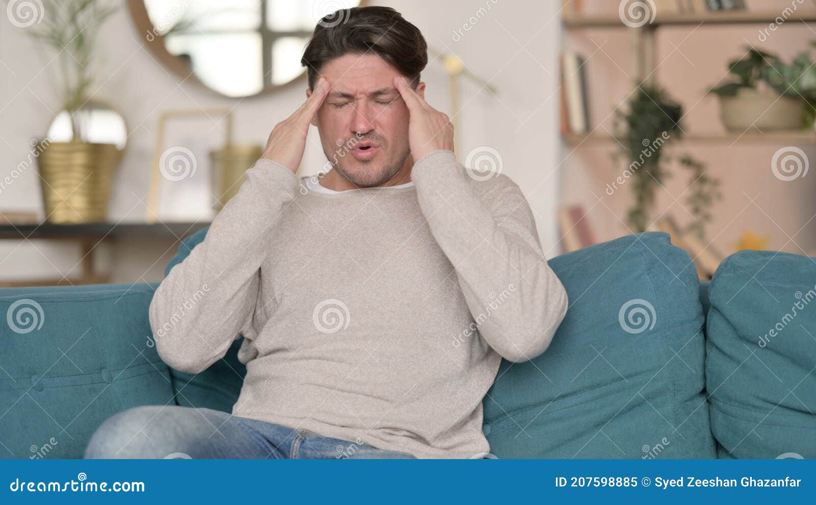 Stressed Middle Aged Man with Headache, at Home Stock Image - Image of ...