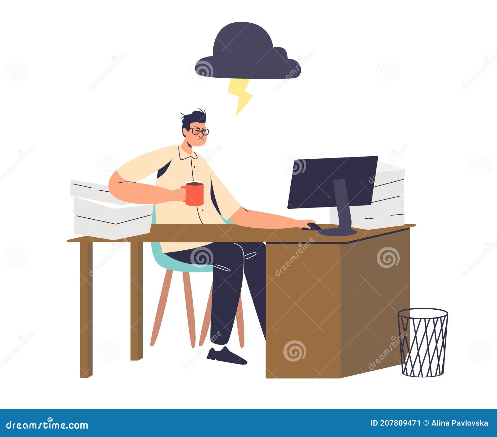 Stressed Office Worker at Workplace. Angry Manager with Piles of ...