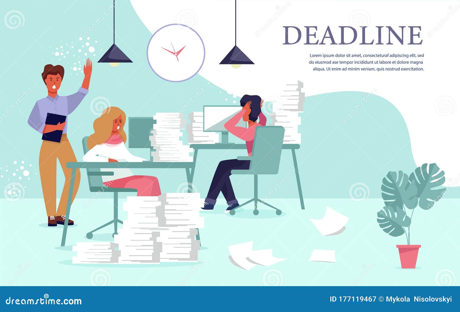 Stressed Workers and Angry Boss Deadline Poster Stock Vector ...