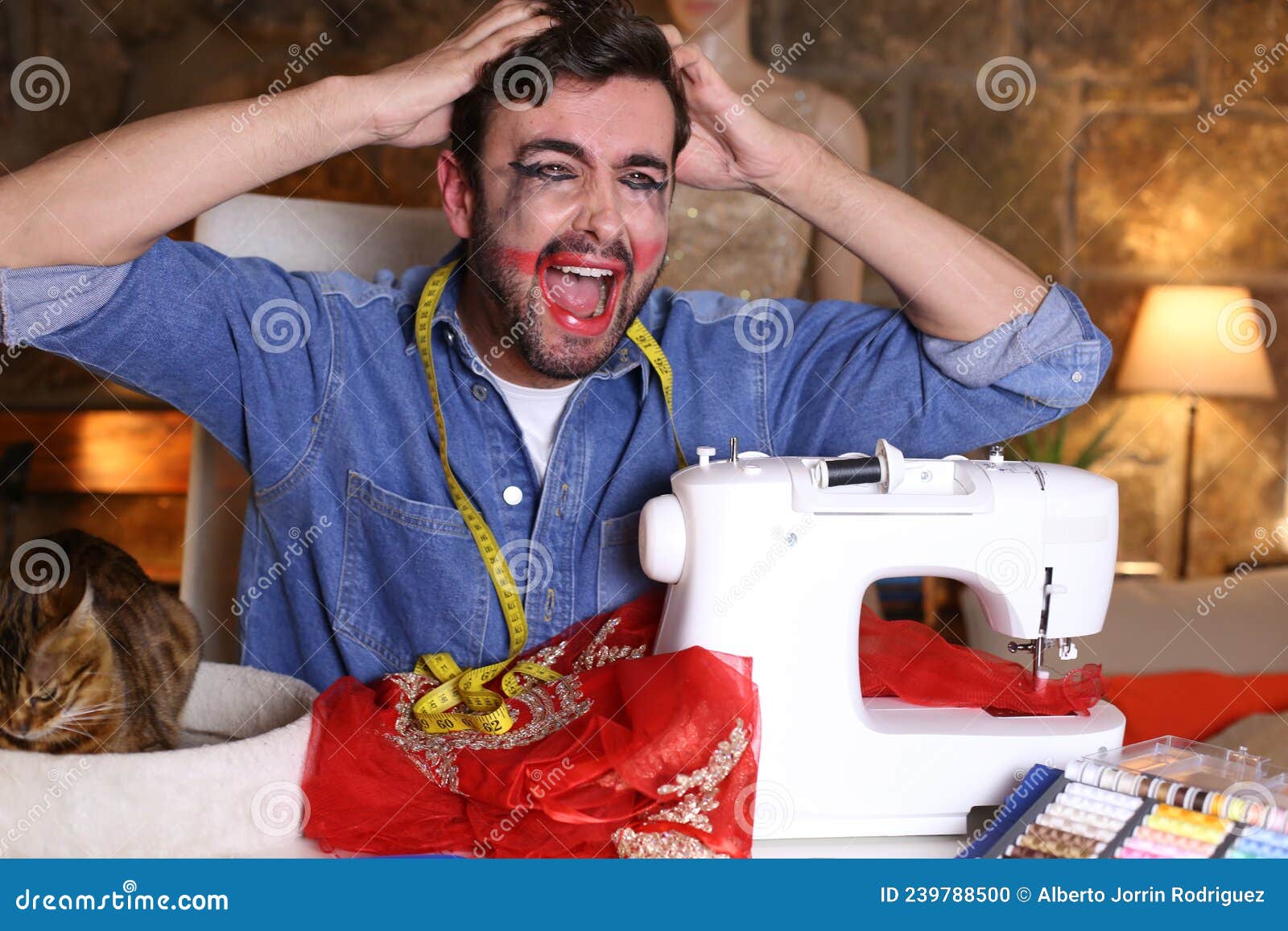 Stressed Out Drag Queen Using Sewing Machine Stock Photo - Image of ...
