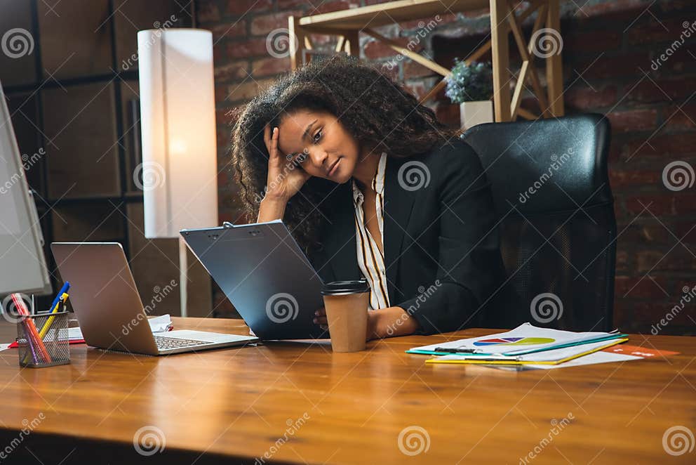 Young Woman Working in Modern Office Using Devices and Gadgets. Making ...