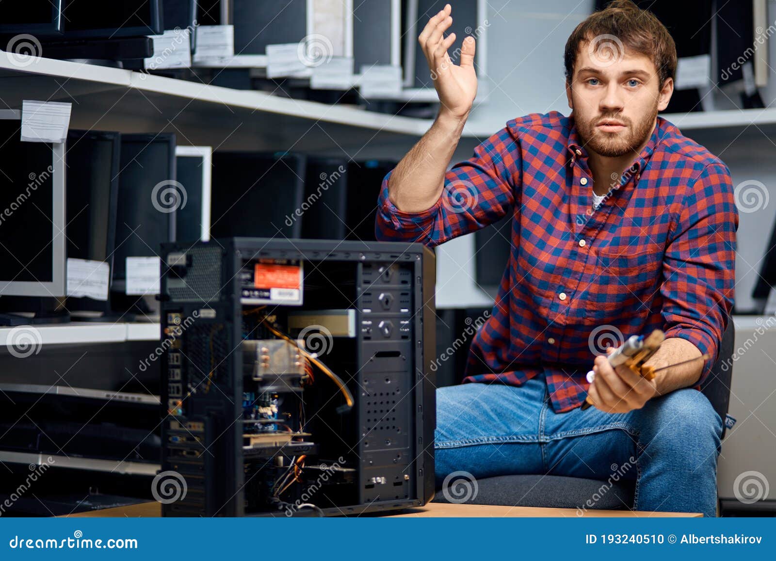 Stressed PC Spescalist with Broken Computer Stock Photo - Image of ...