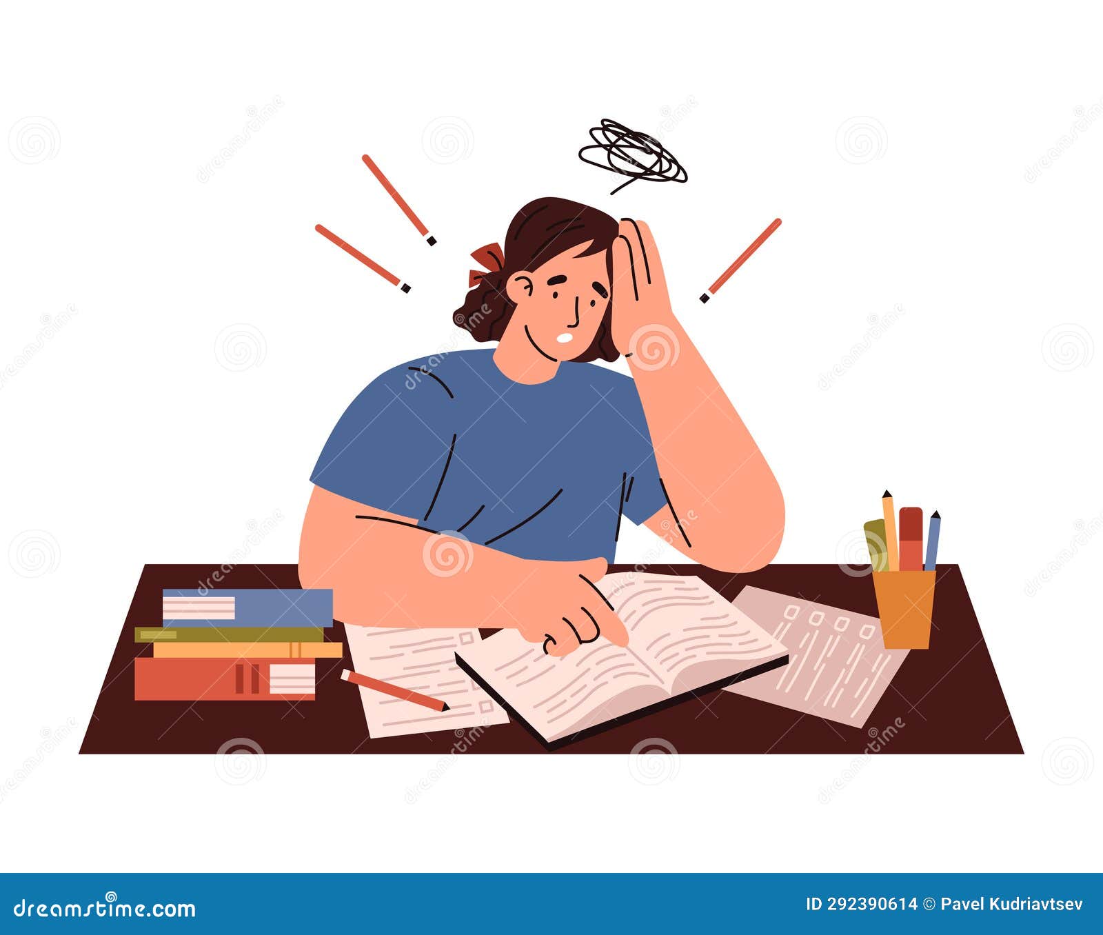 Stressed Schoolgirl Has Difficulties in Studies, Vector Illustration ...