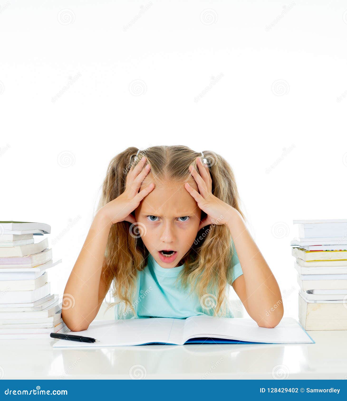 Stressed Schoolgirl Overwhelmed with Too Much Homework Hatting Studying ... Stressed Schoolgirl Overwhelmed with Too Much Homework Hatting Studying ...