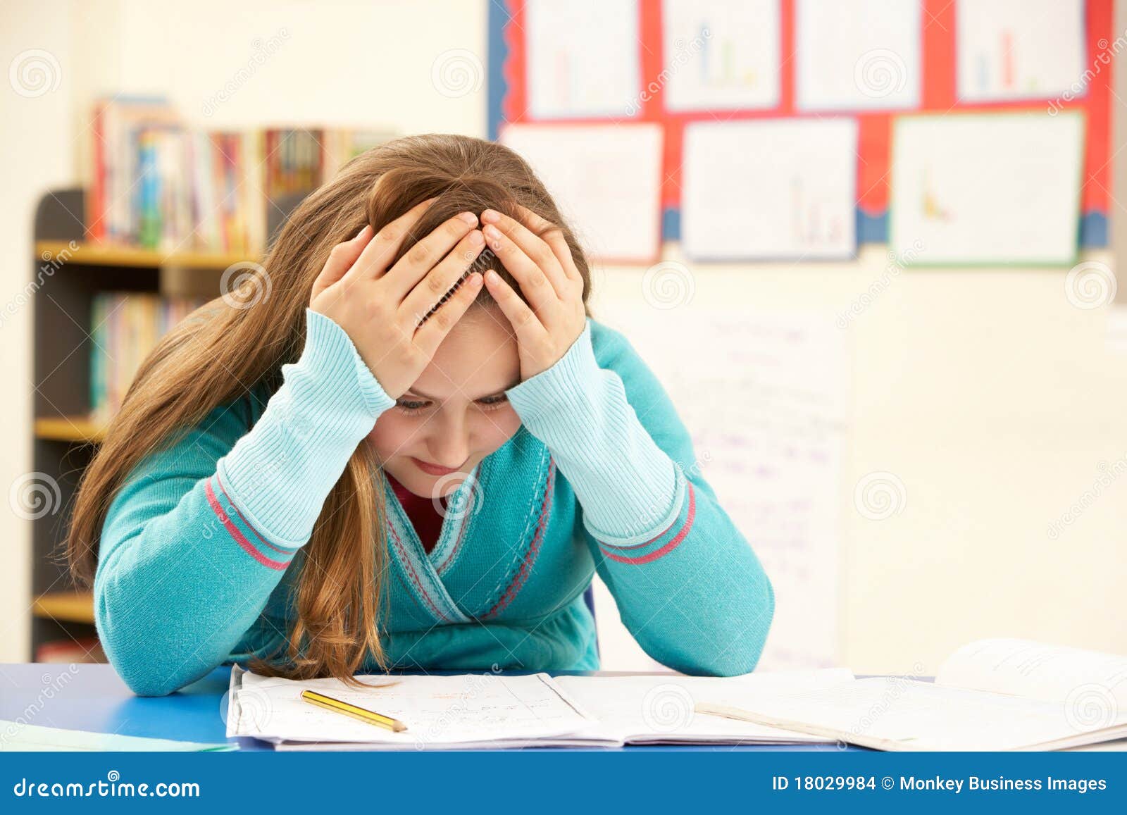 Stressed Schoolgirl Overwhelmed With Too Much Homework Hatting Studying ...