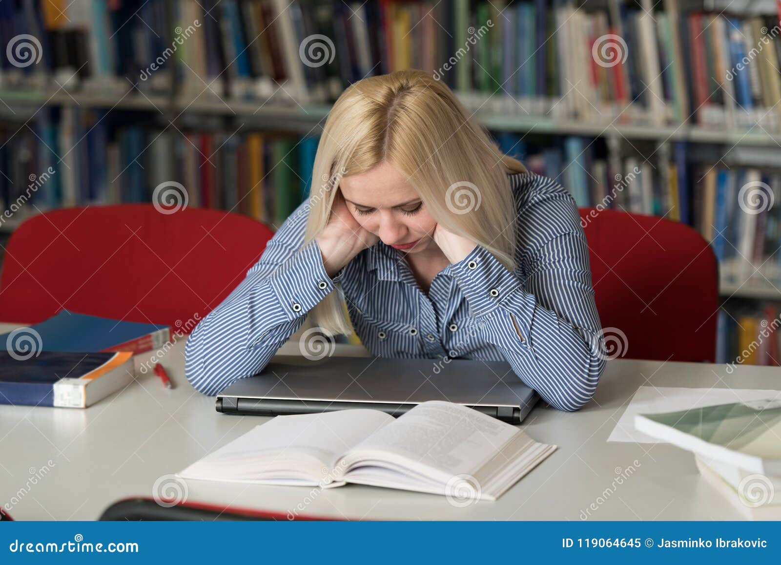 Stressed Student Doing Her Homework at the Desk Stock Image - Image of ...