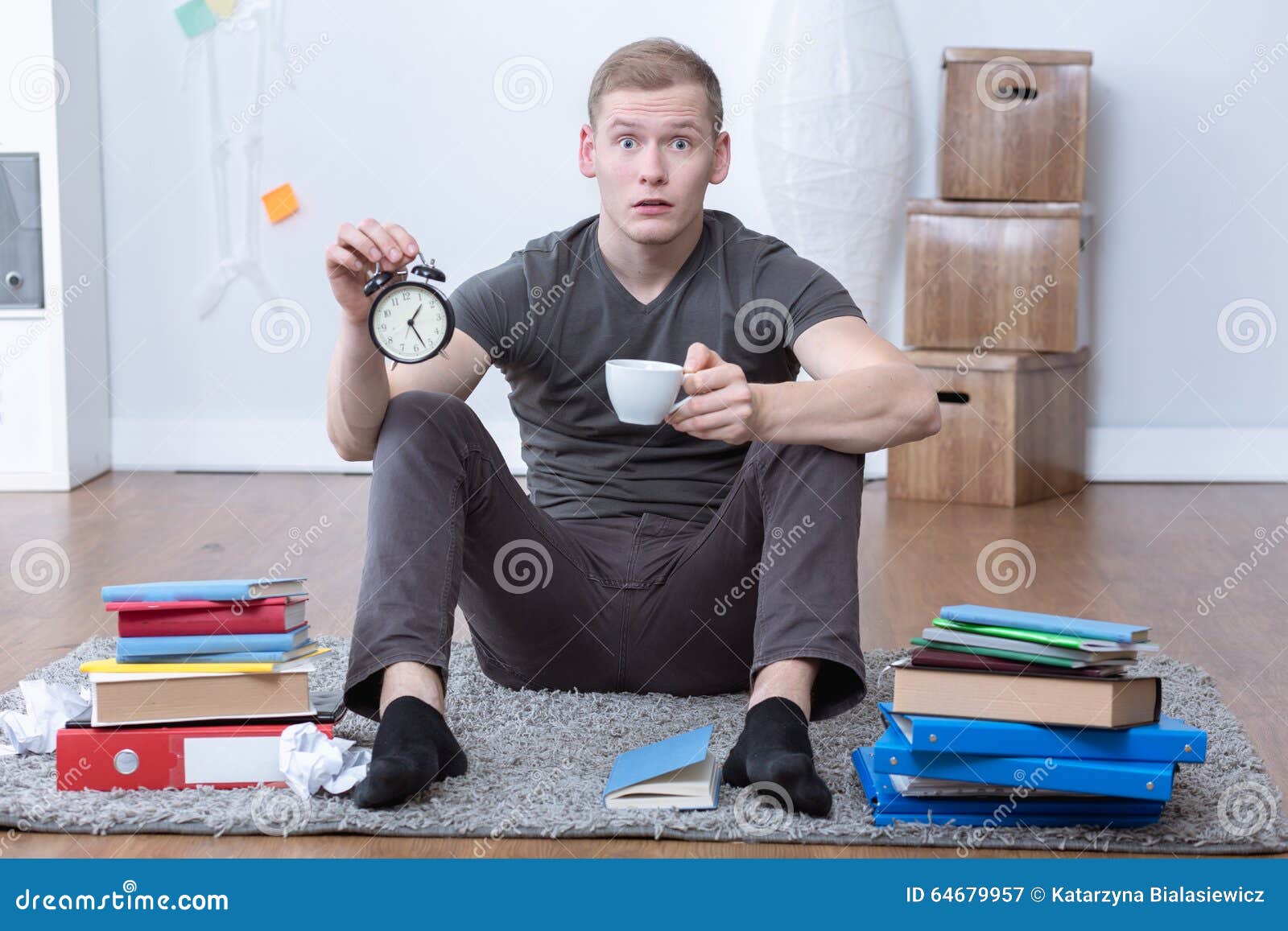 Stressed Student Holding Alarm Clock Stock Image - Image of exhausted ...
