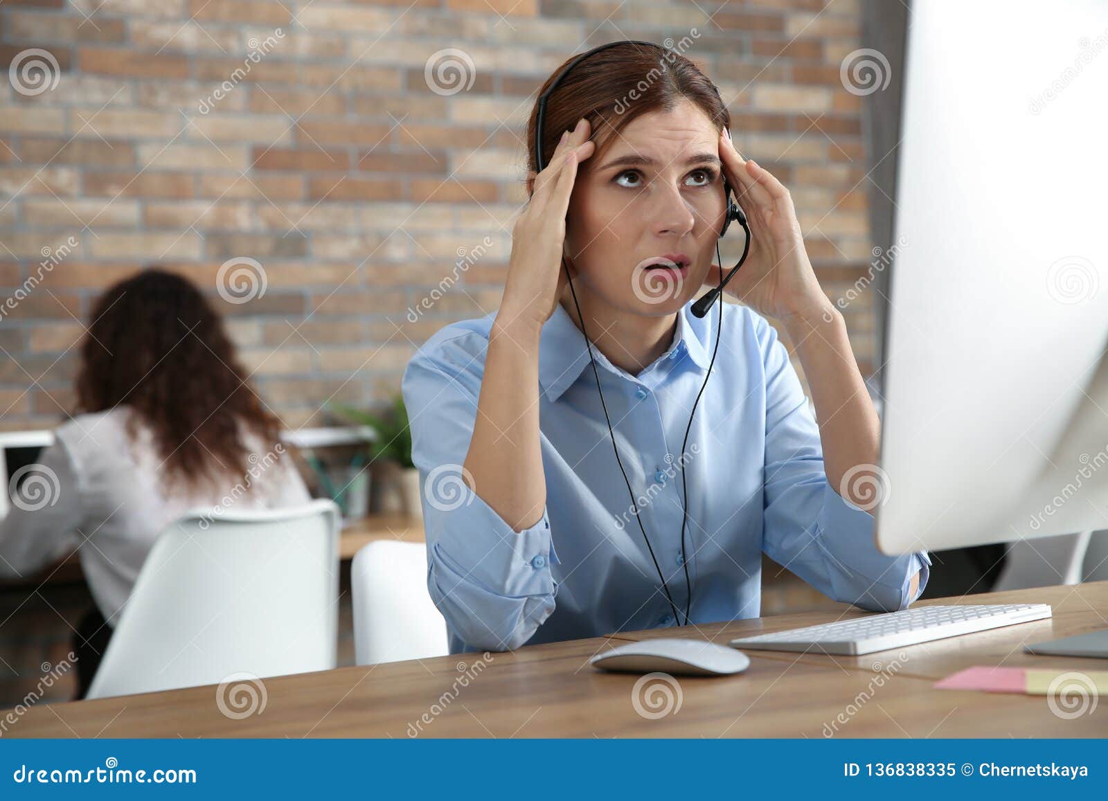 Stressed Technical Support Operator Working at Table Stock Image ...
